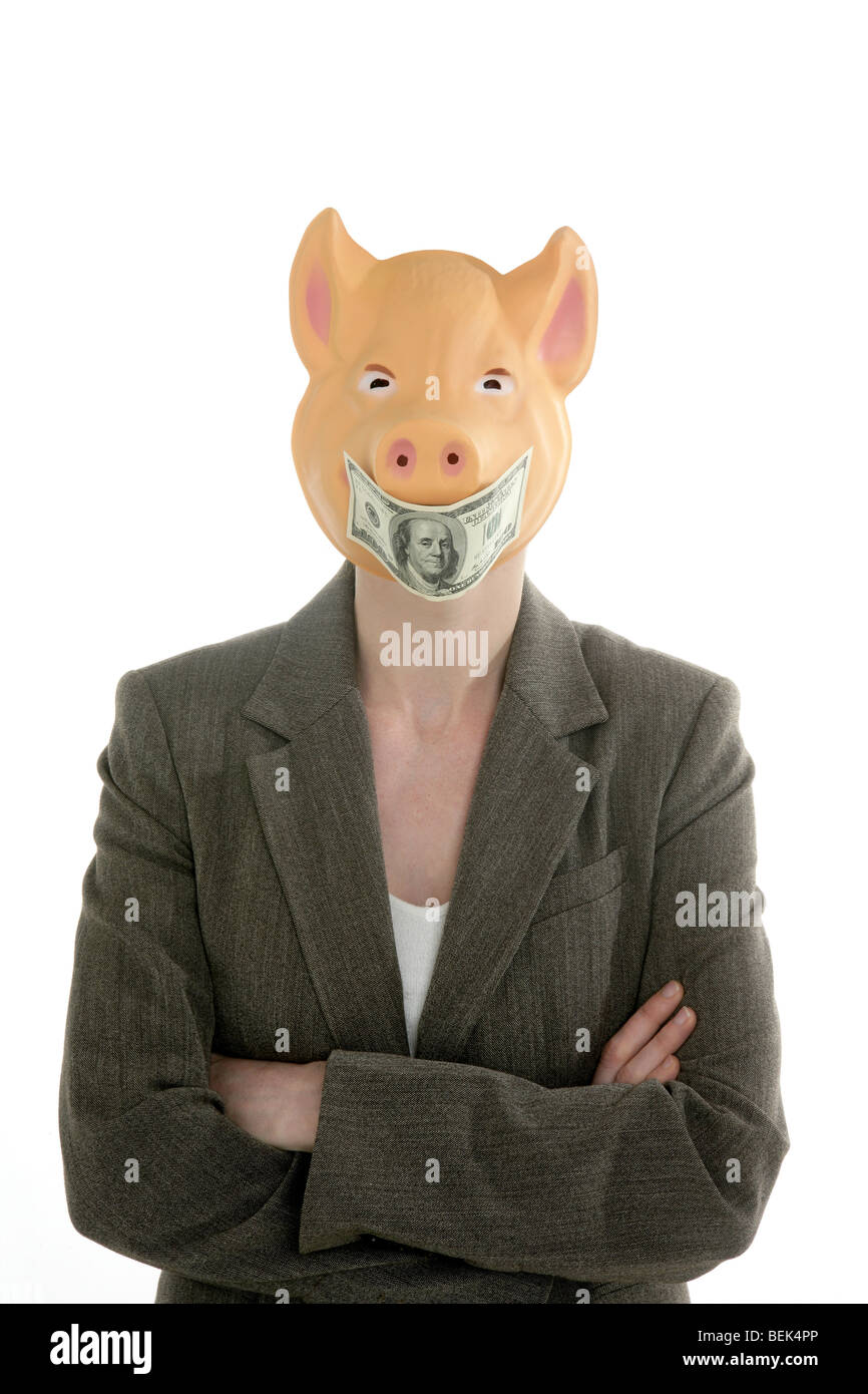 Funny woman with swine face and dollar note mask as a flu money ...