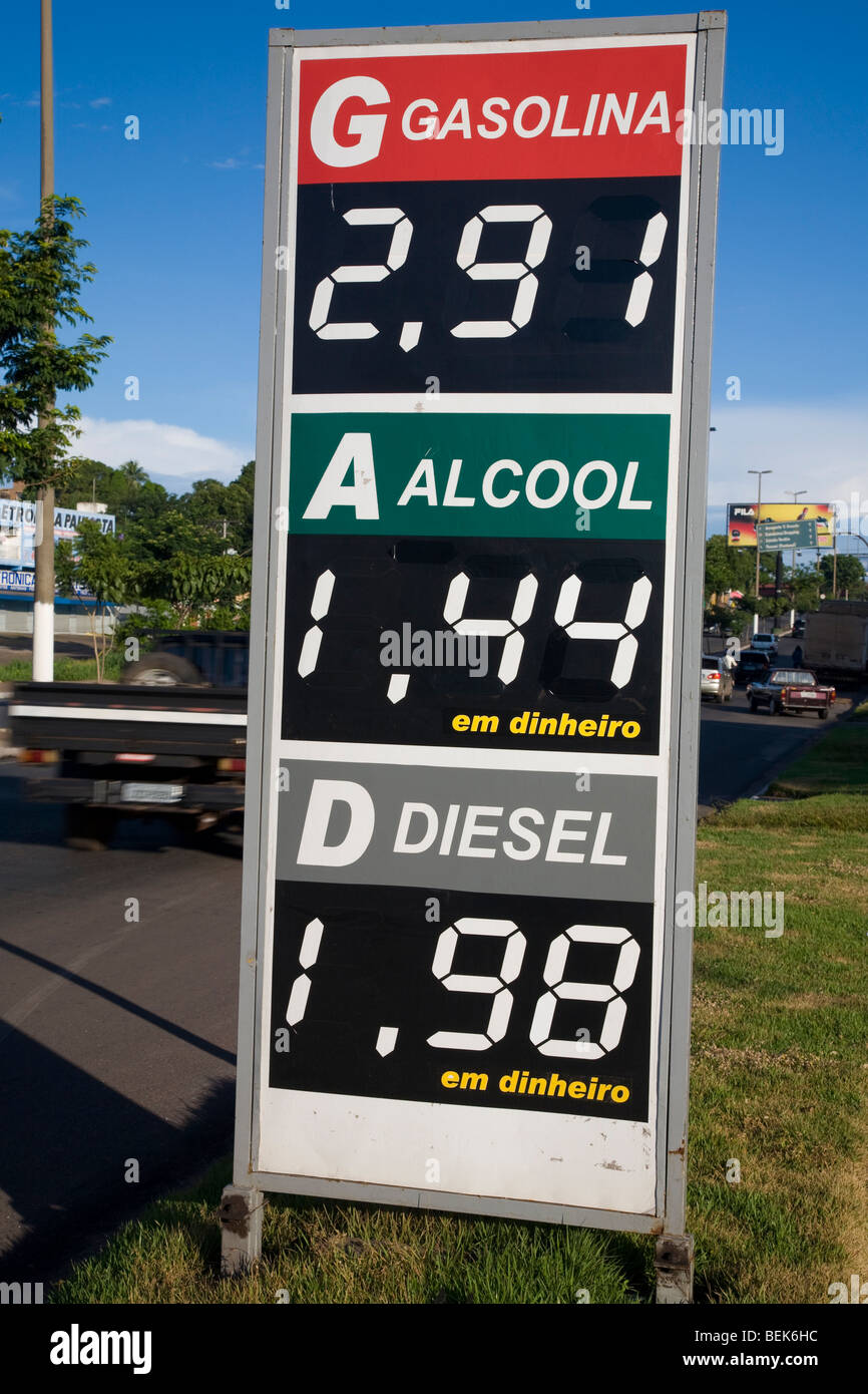 A fuel price list for gas, ethanol and diesel. Cuiaba, Mato Grosso ...