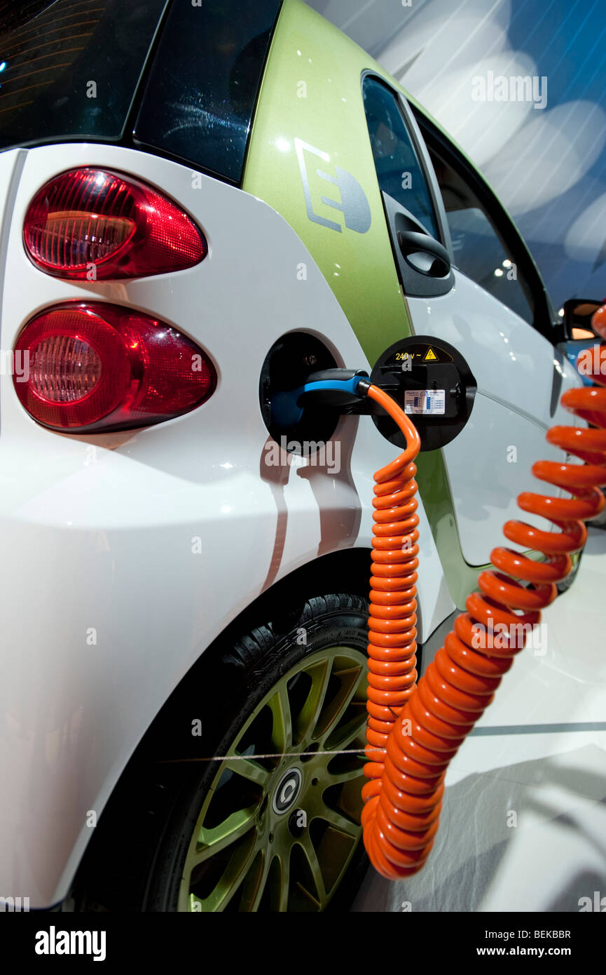 Plug in electric SMART car being recharged at the Frankfurt Motor Show ...
