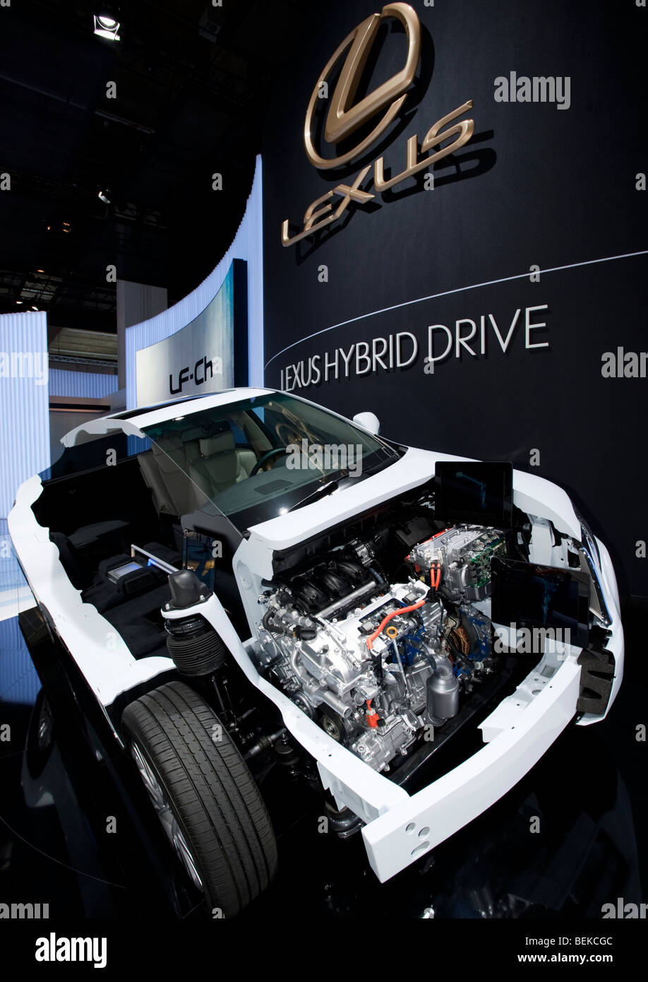 Cut away demonstration model of the Lexus SUV with hybrid drive at the ...