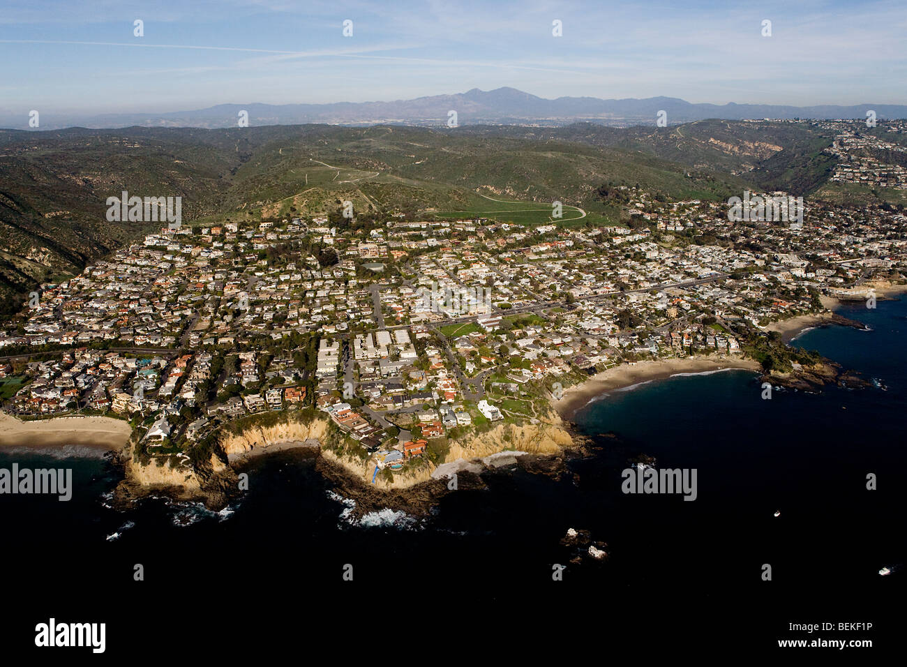 aerial view above residential ocean front property Crescent Bay and ...