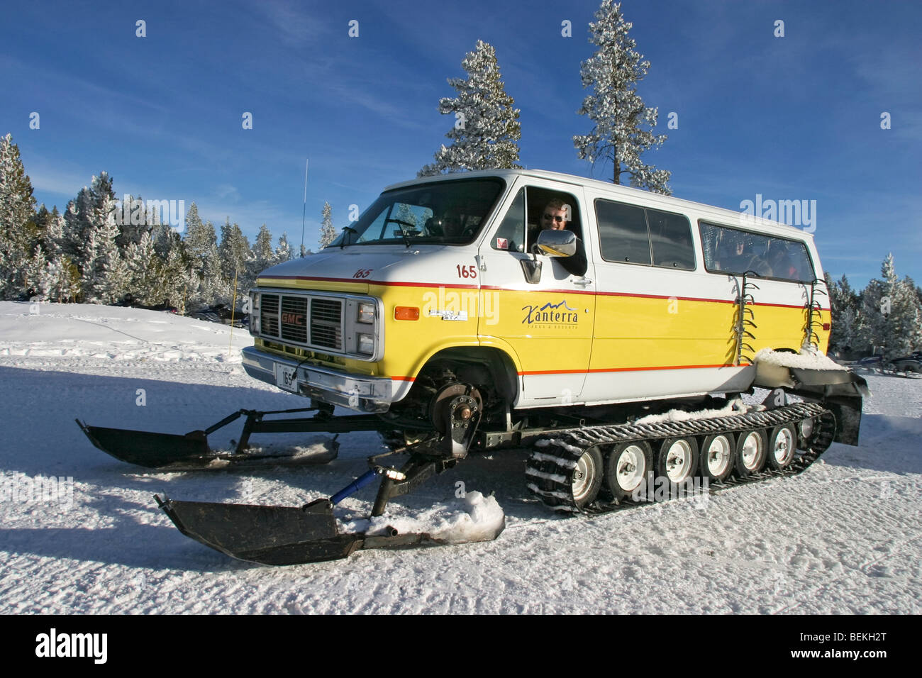 Newer snow van used to carry visitors in Yellowstone National park. It ...