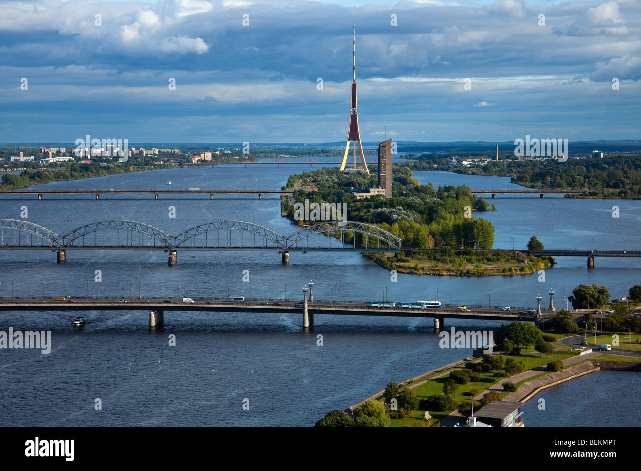 Riga bridges and TV tower from above Stock Photo - Alamy