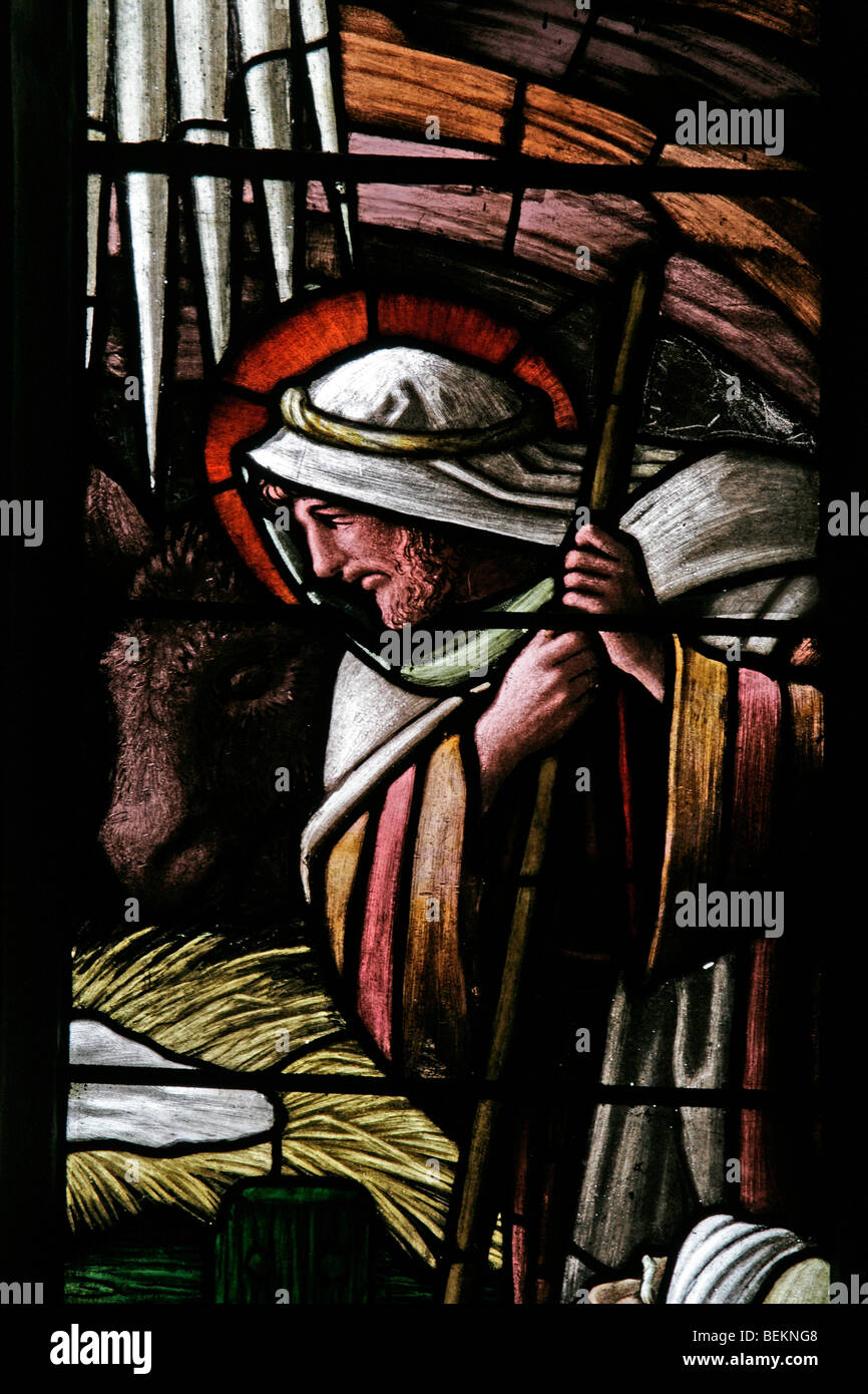 Detail of a stained glass window depicting St Joseph at the Nativity ...
