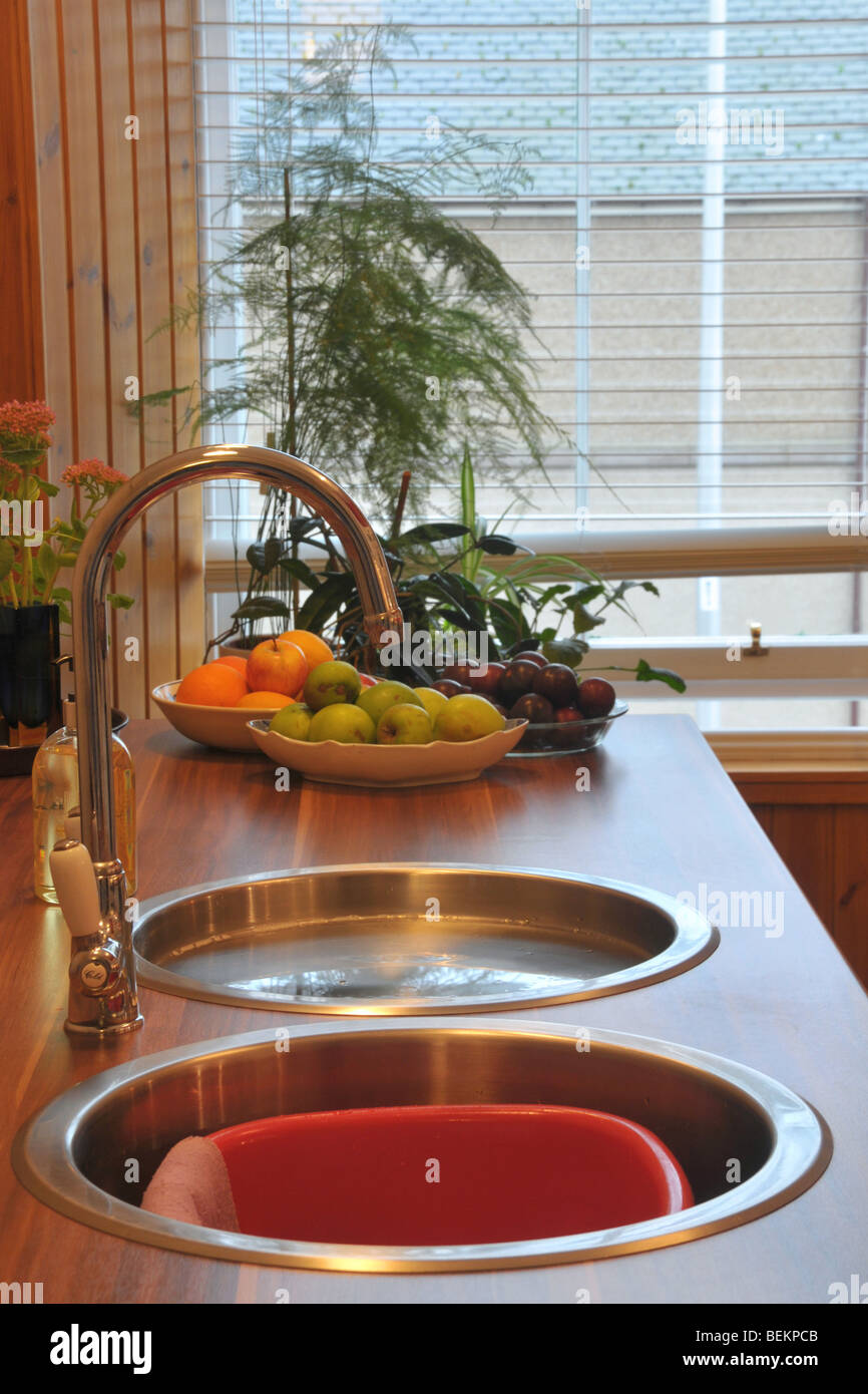 Two circular kitchen sinks and tap with fruit and potted plants in the ...