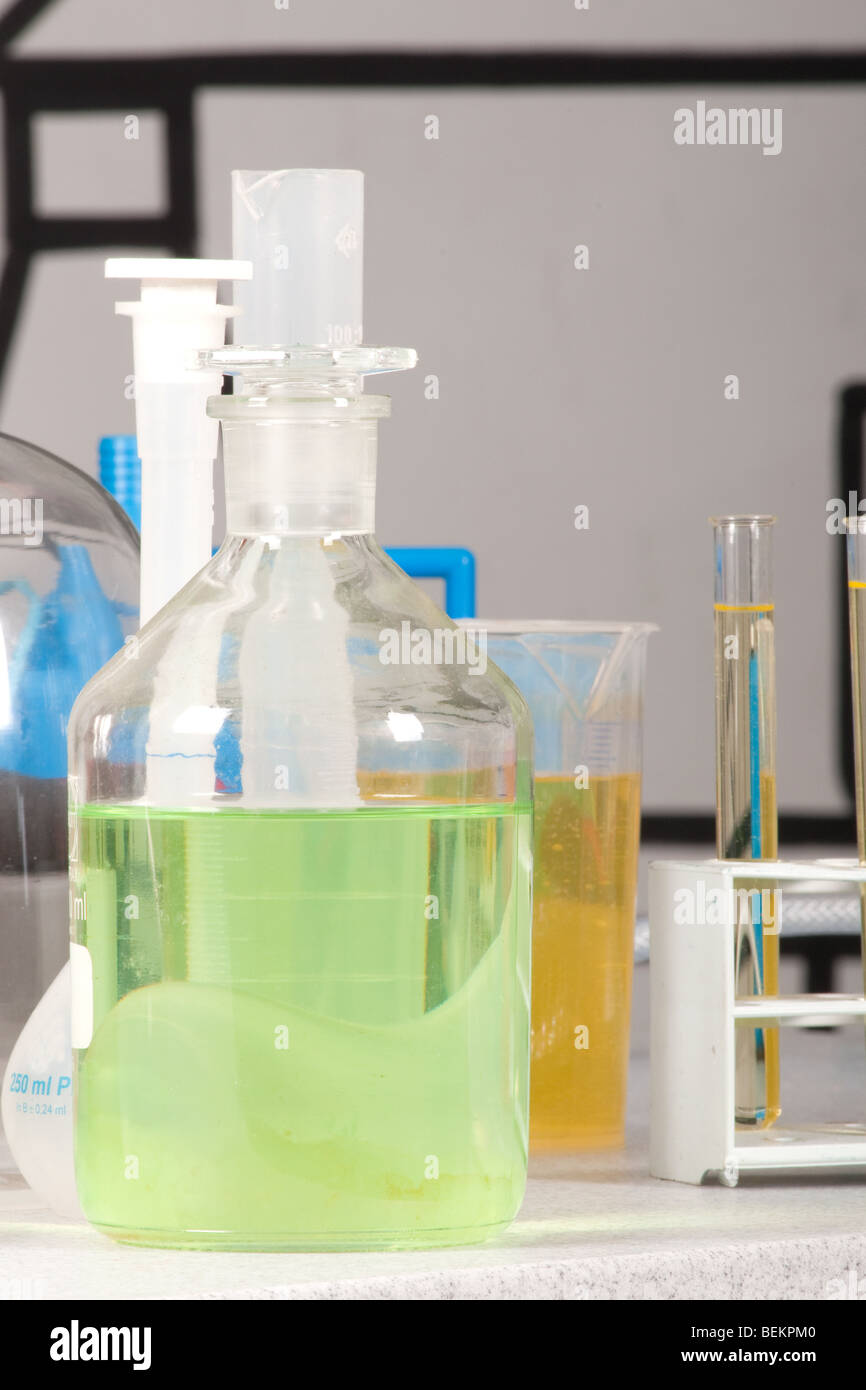Several bottles with liquids in the laboratory Stock Photo - Alamy