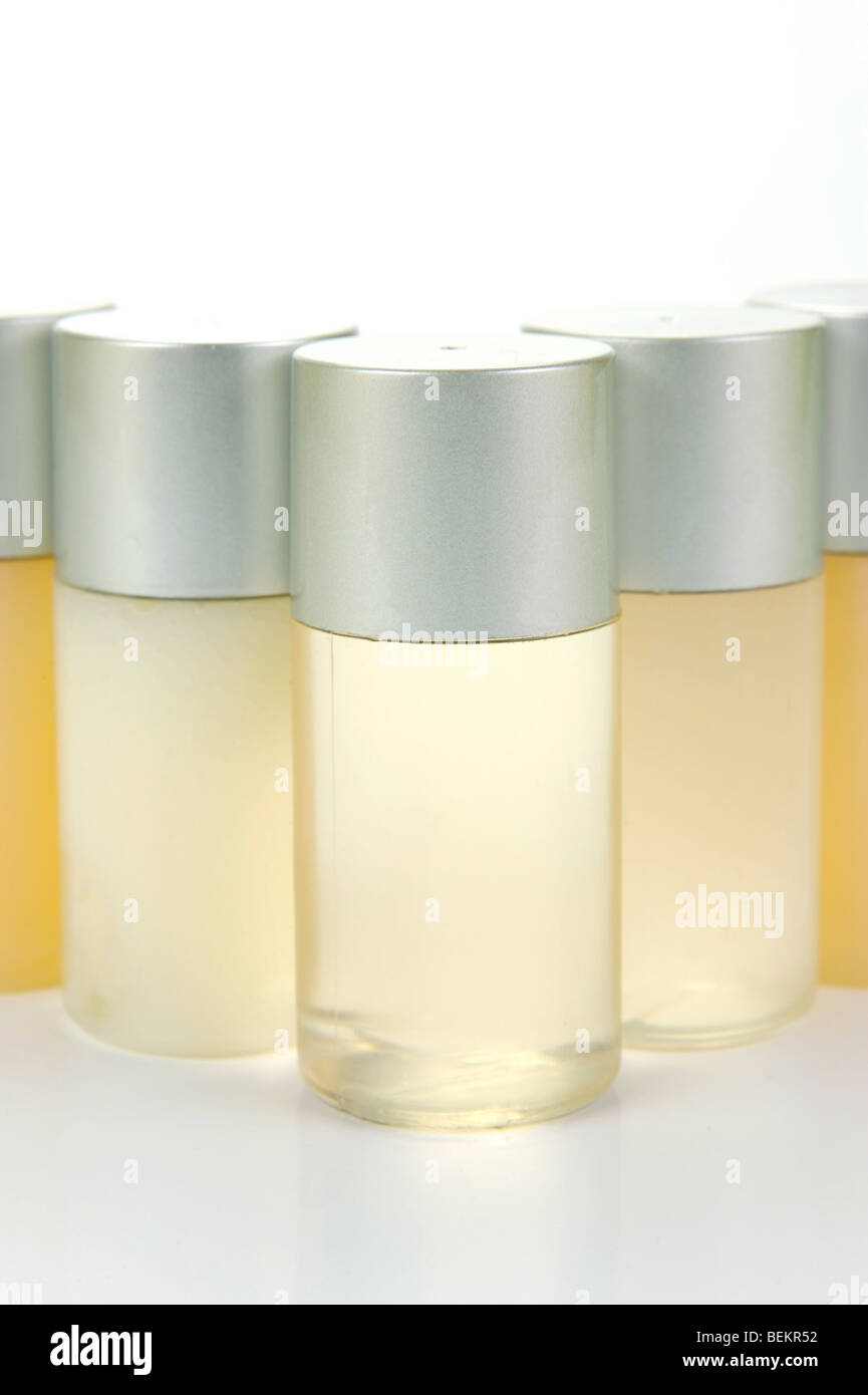 Miniature shampoo bottles isolated against a white background Stock ...