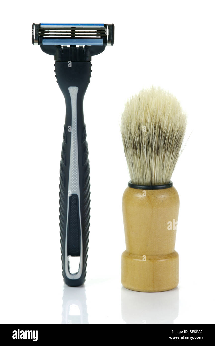 Shaving items isolated against a white background Stock Photo - Alamy
