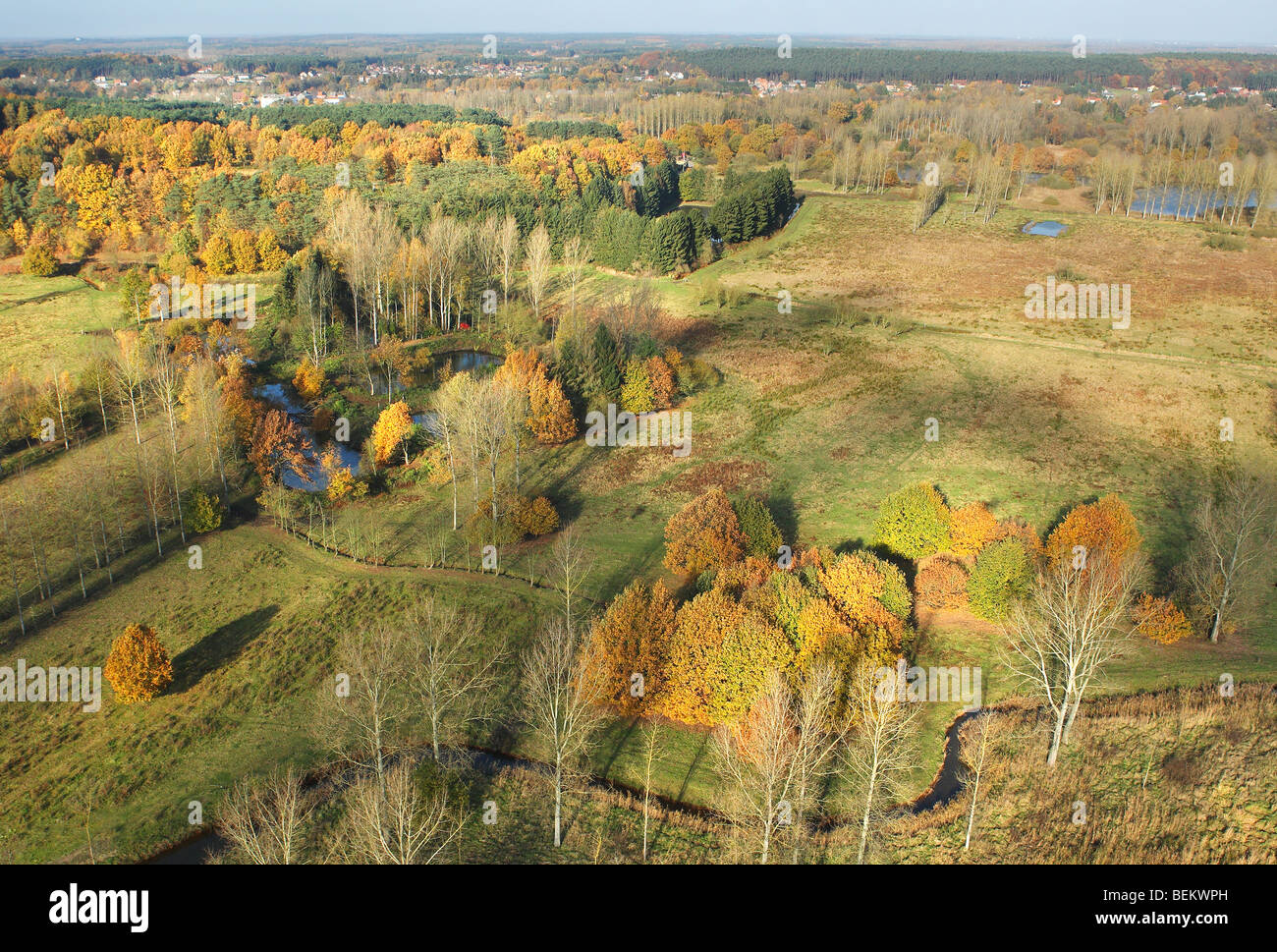 Fields, grasslands and forested area along river Demer from the air in ...