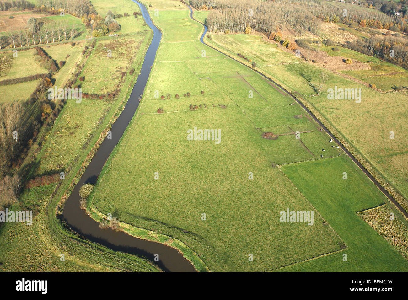 Fields, grasslands, forested area and pool along river Demer from the ...