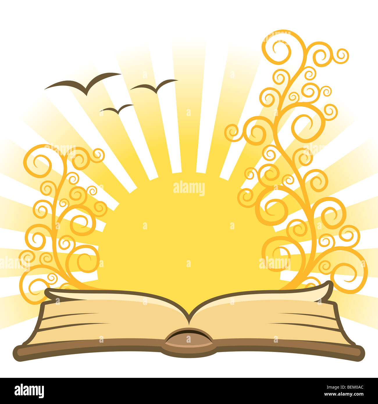 Open magic book with sun in the background Stock Photo - Alamy