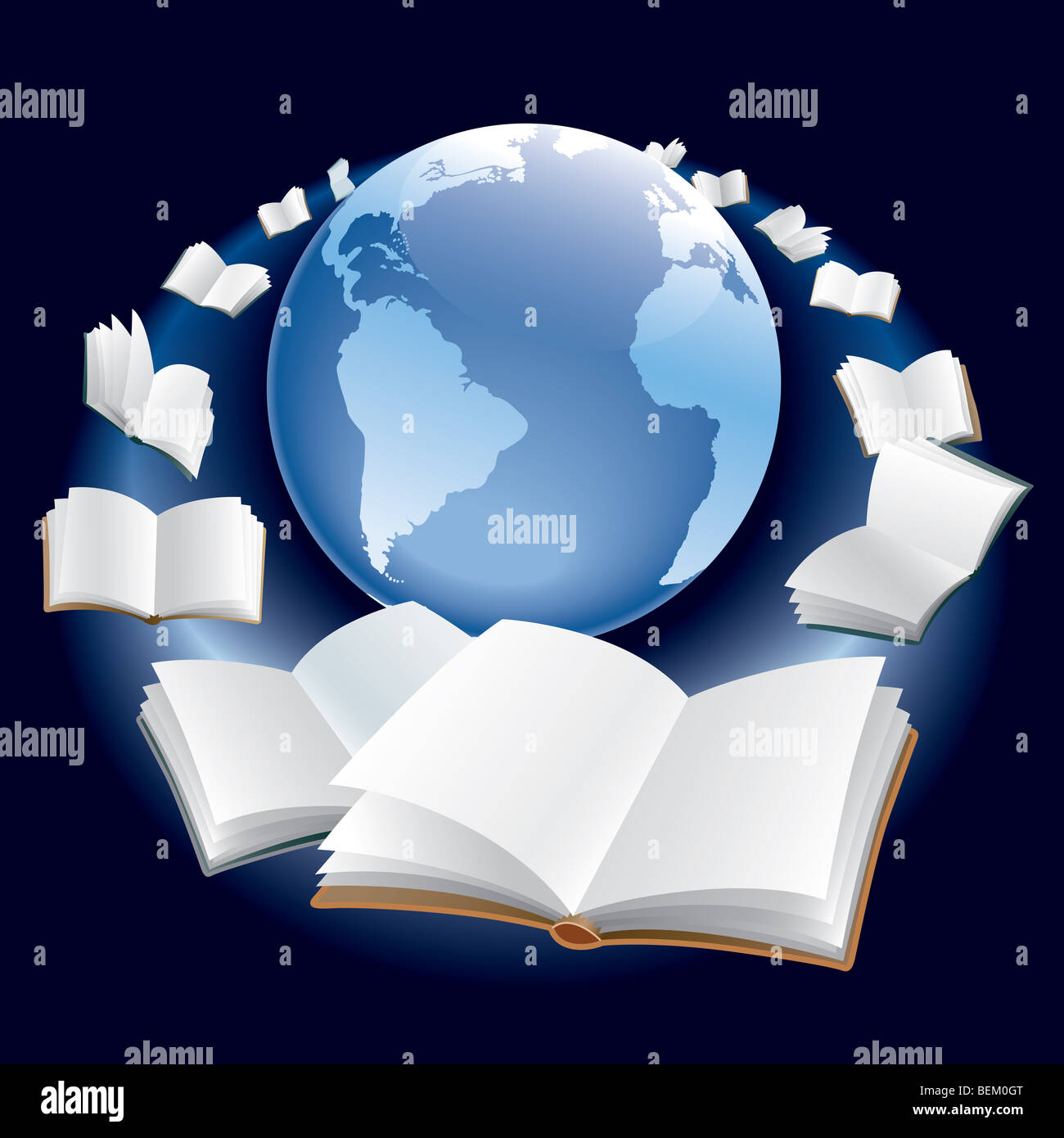 Open books are flying around earth globe in space Stock Photo - Alamy