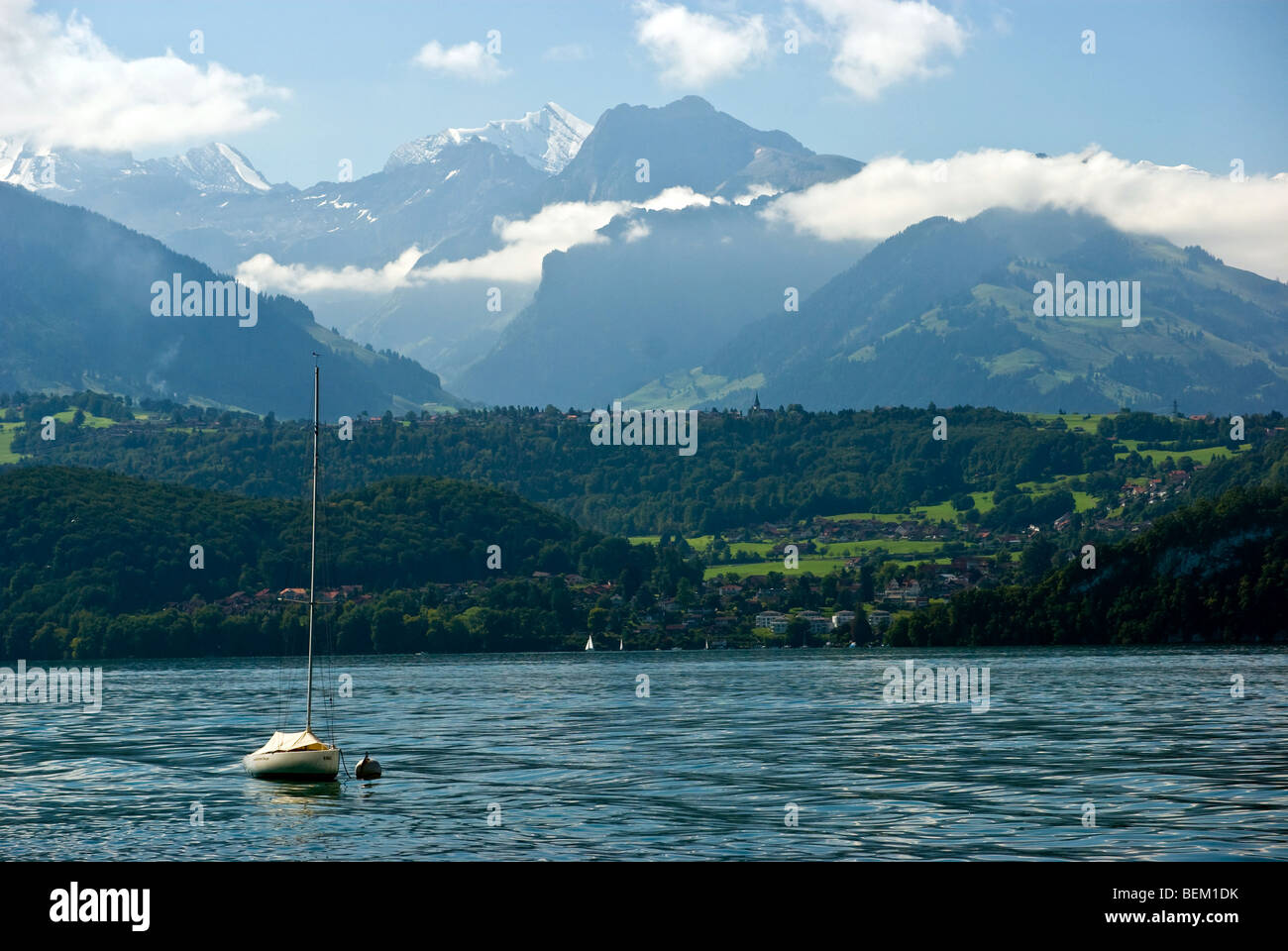 Lake Thun in the Swiss town of Thun. Alps mountains. Thunersee.Tourism ...