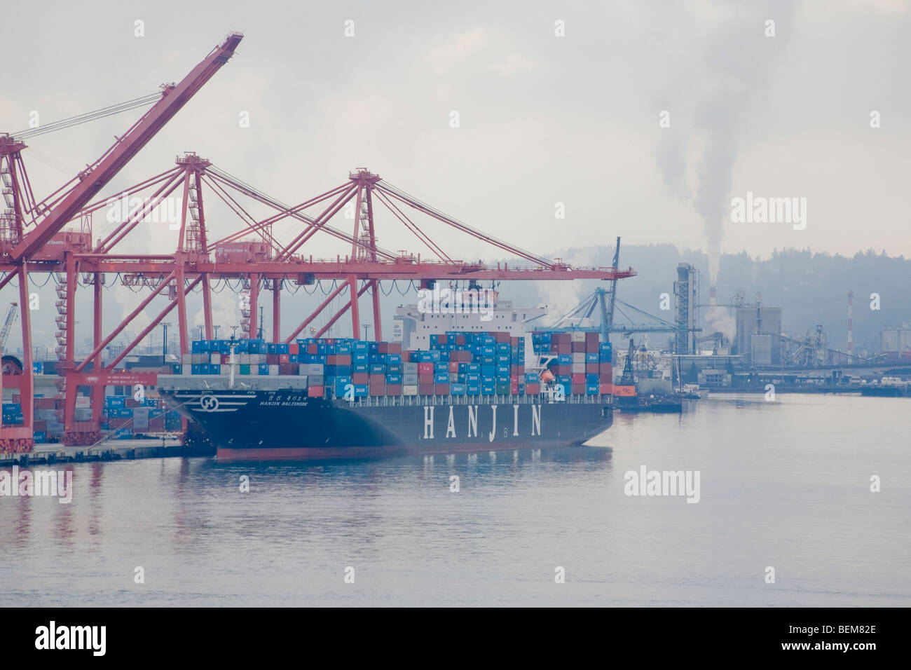 Cargo ship and shipping cranes at Port of Seattle. Seattle, Washington ...