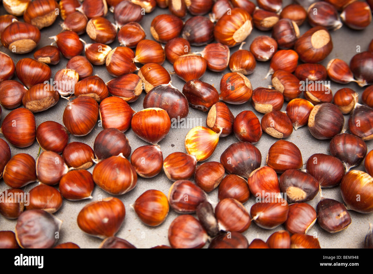 Sweet Chestnuts on a roasting tray Stock Photo - Alamy