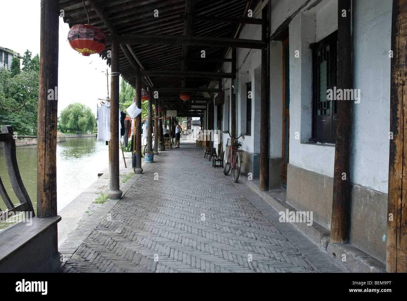 Waliking path with wooden portico Xitang is an ancient scenic town in ...