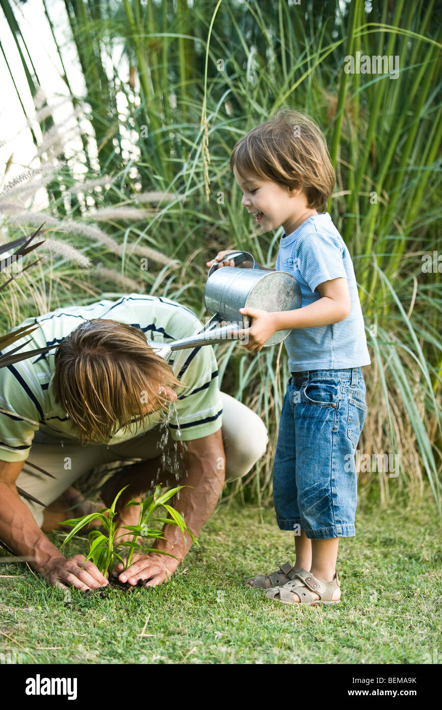 Little boy pouring water on his father's head as he works in garden ...