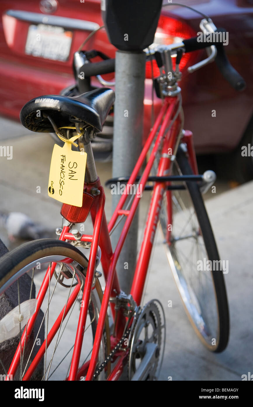 Close up of bike with yellow Caltrain bike tag Stock Photo - Alamy