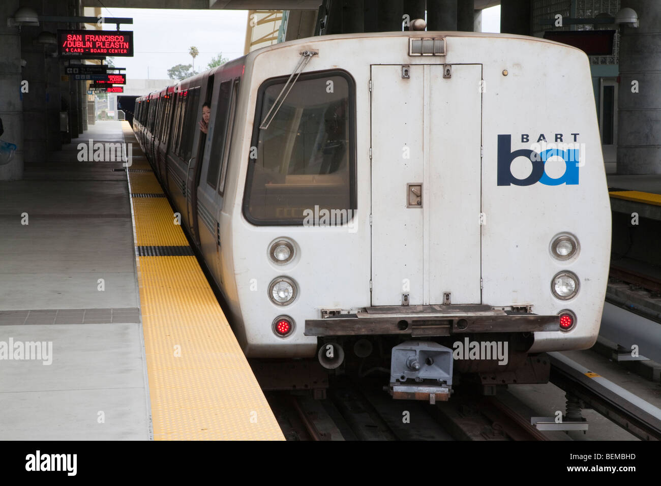A BART heavy rail train arriving at station. Millbrae, California, USA ...