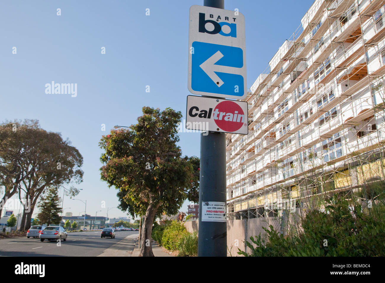 BART and Caltrain road signs near a transit oriented condo development ...
