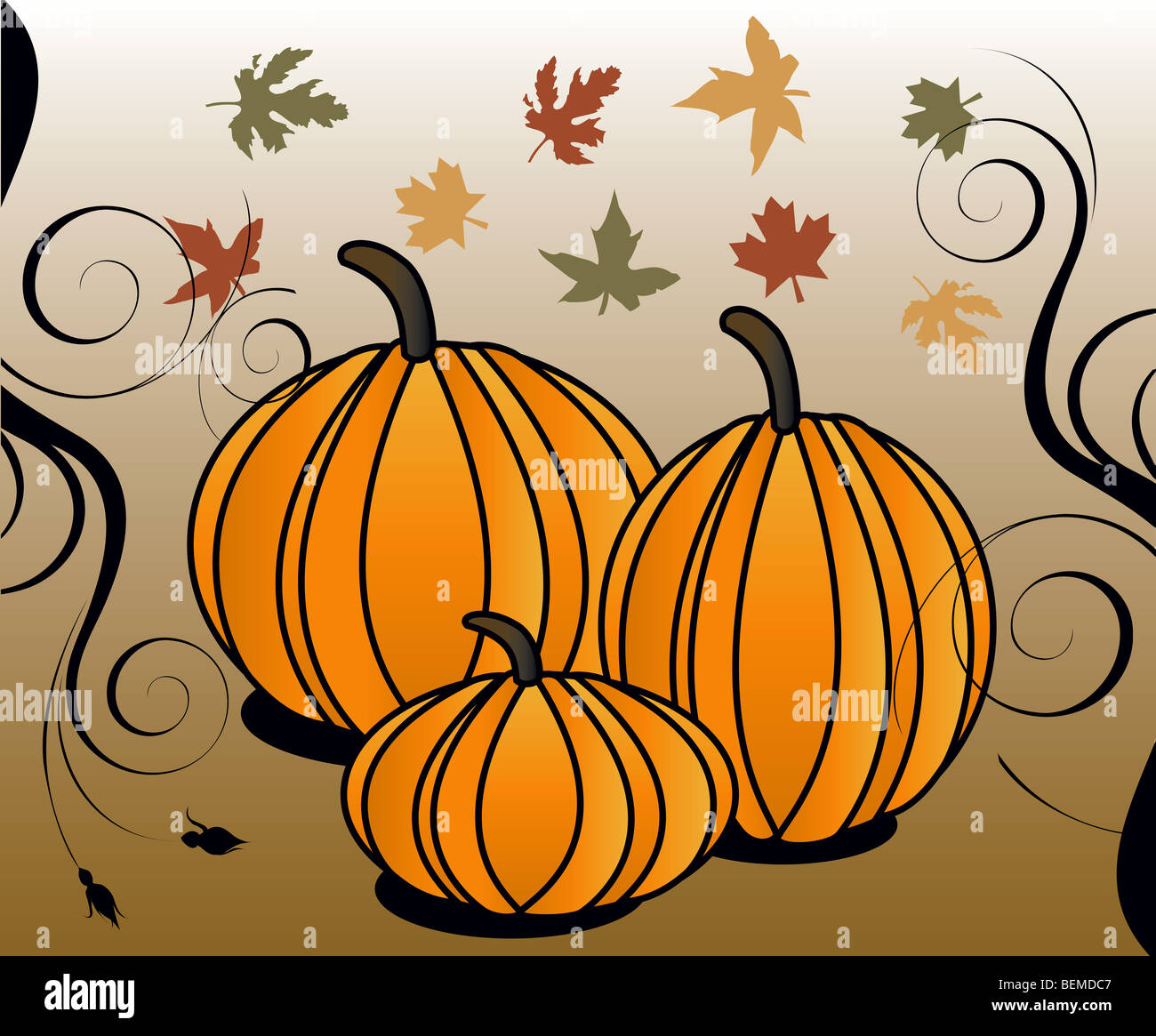 Vector Illustration for Fall Autumn Leaves and Stylized Pumpkins with ...