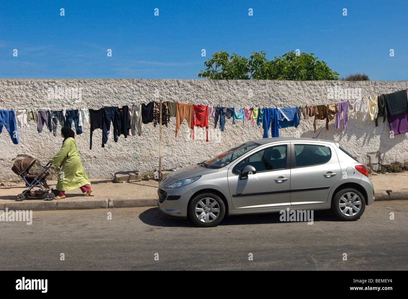 Laundry on a clothes line in a back street in Casablanca, Morocco ...