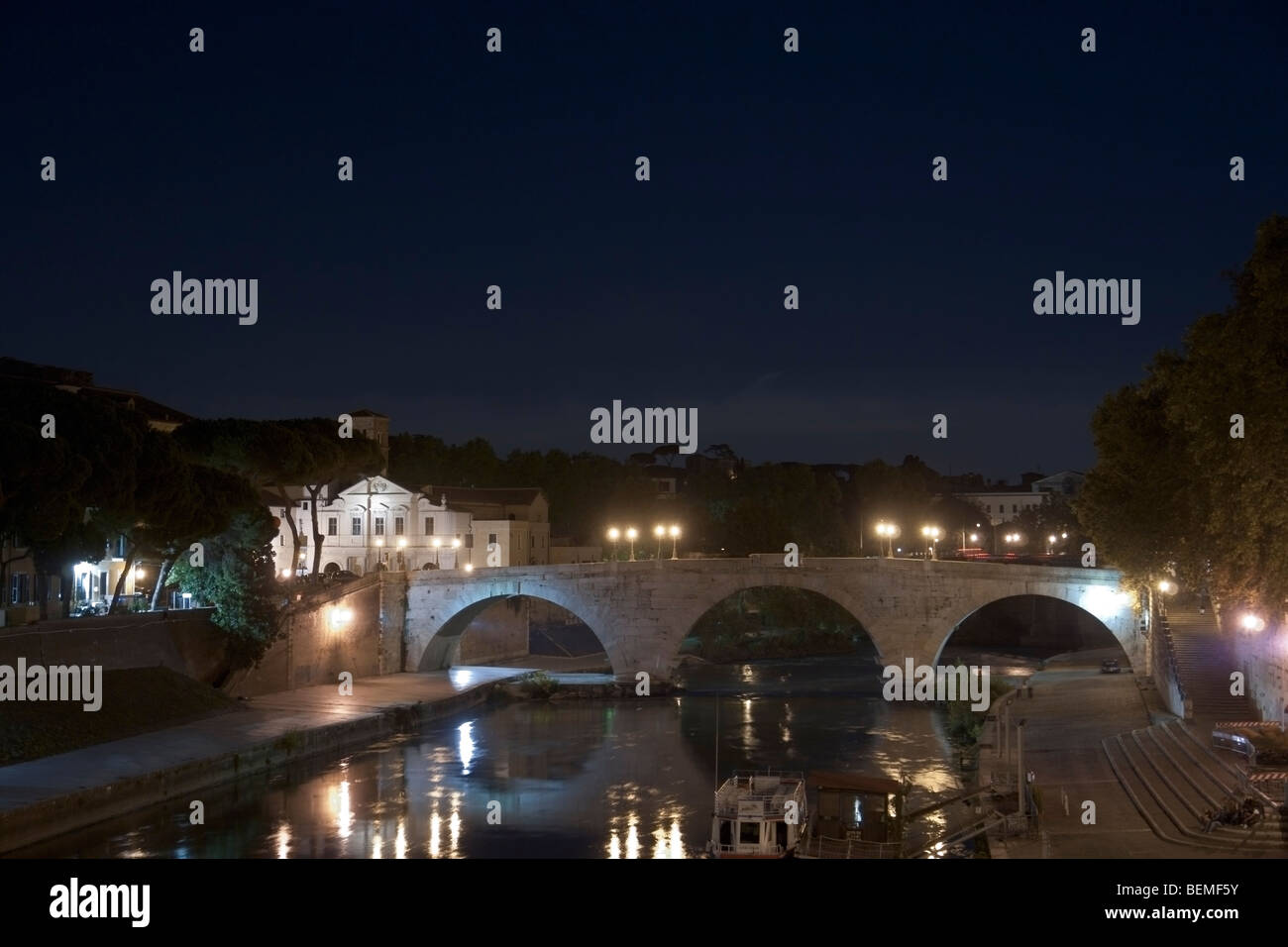 Rome, Italy. Night view of Ponte Cestio and church San Bartolomeo all ...