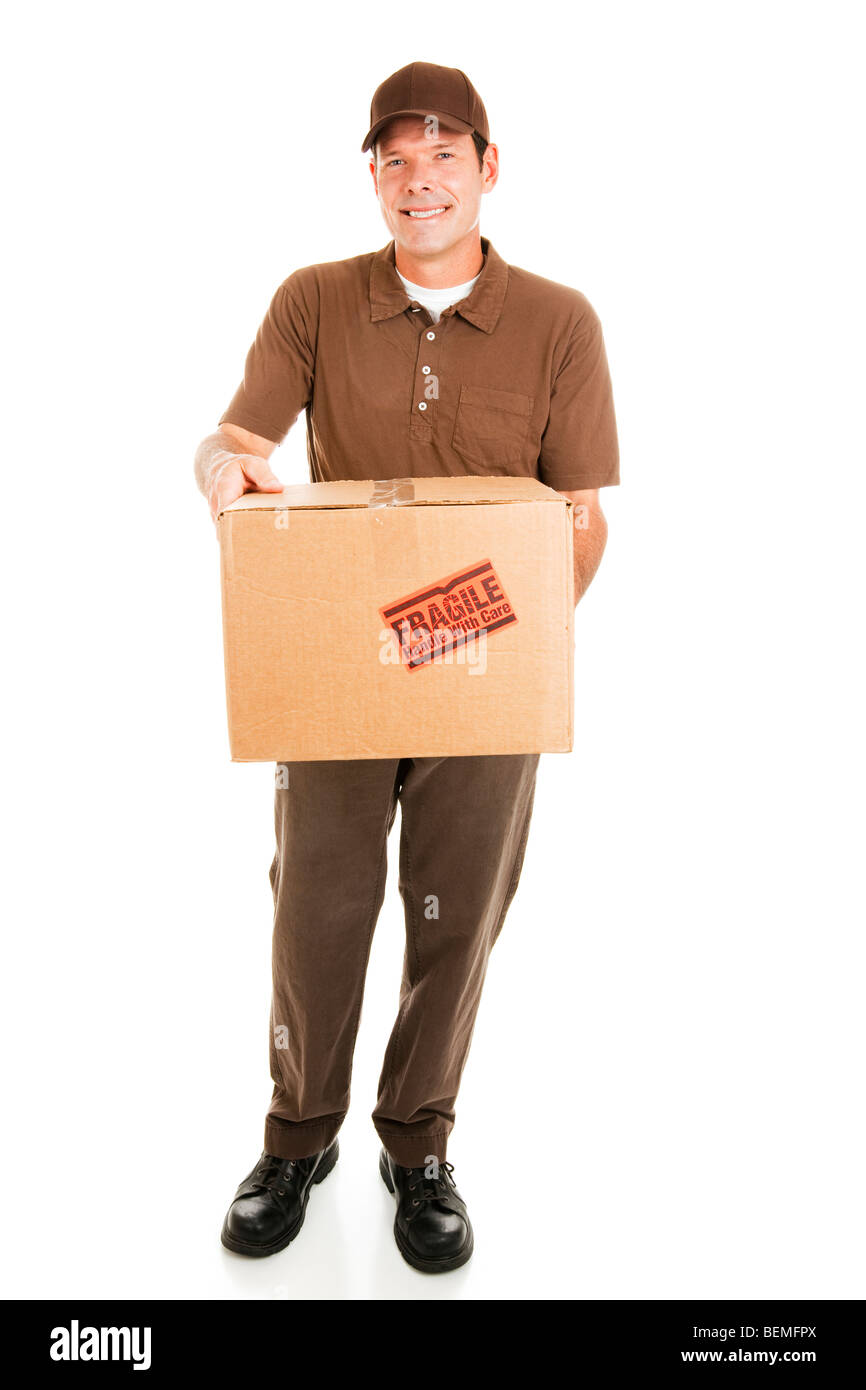 Handsome delivery man bringing a package for you. Full body isolated on ...