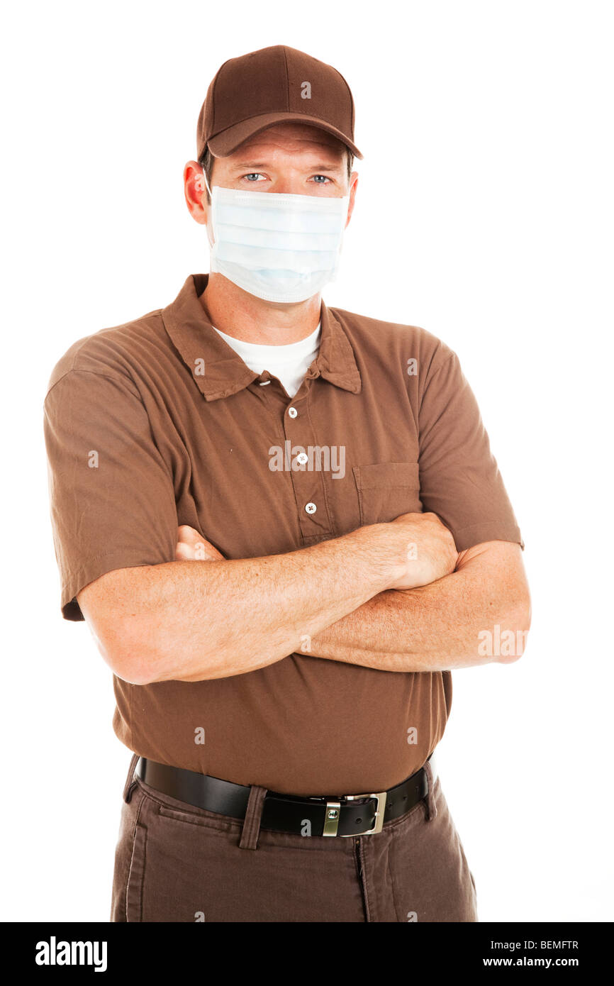 Delivery man wearing flu mask. Isolated on white Stock Photo - Alamy