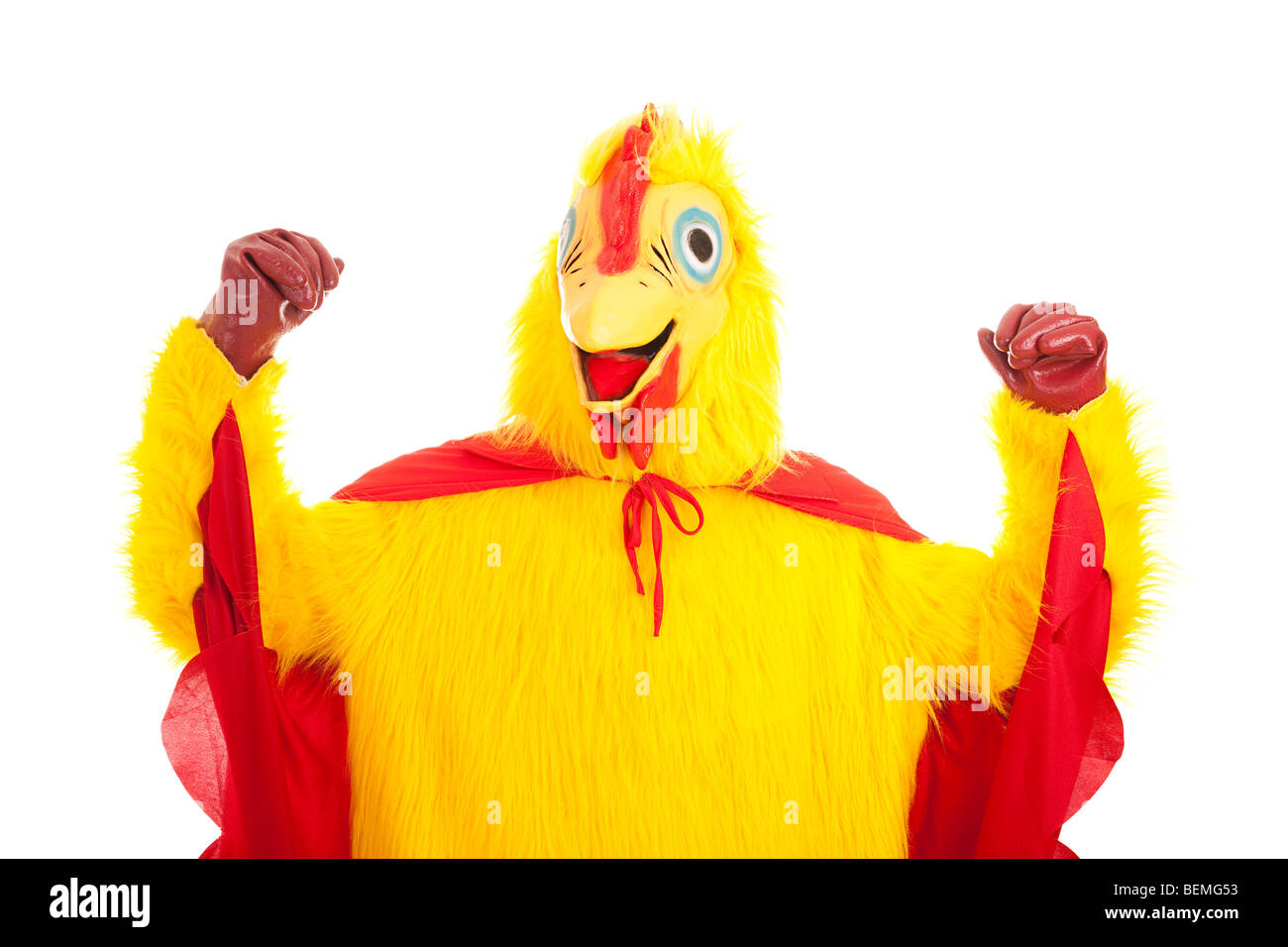 Man in a chicken suit and cape flexing his muscles. Isolated on white ...
