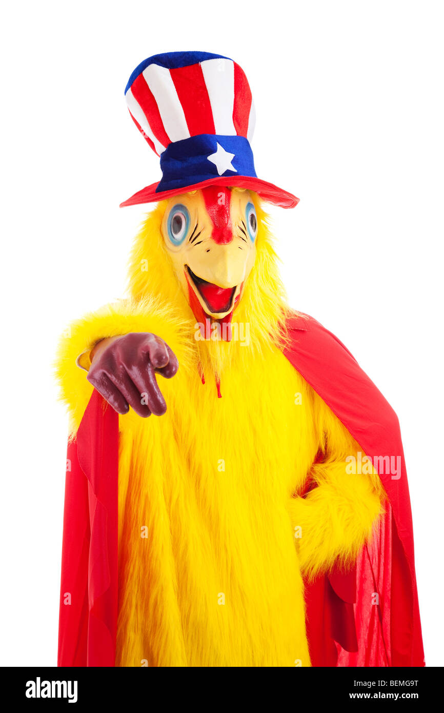 Man in a chicken suit wearing an Uncle Sam American hat and pointing at ...