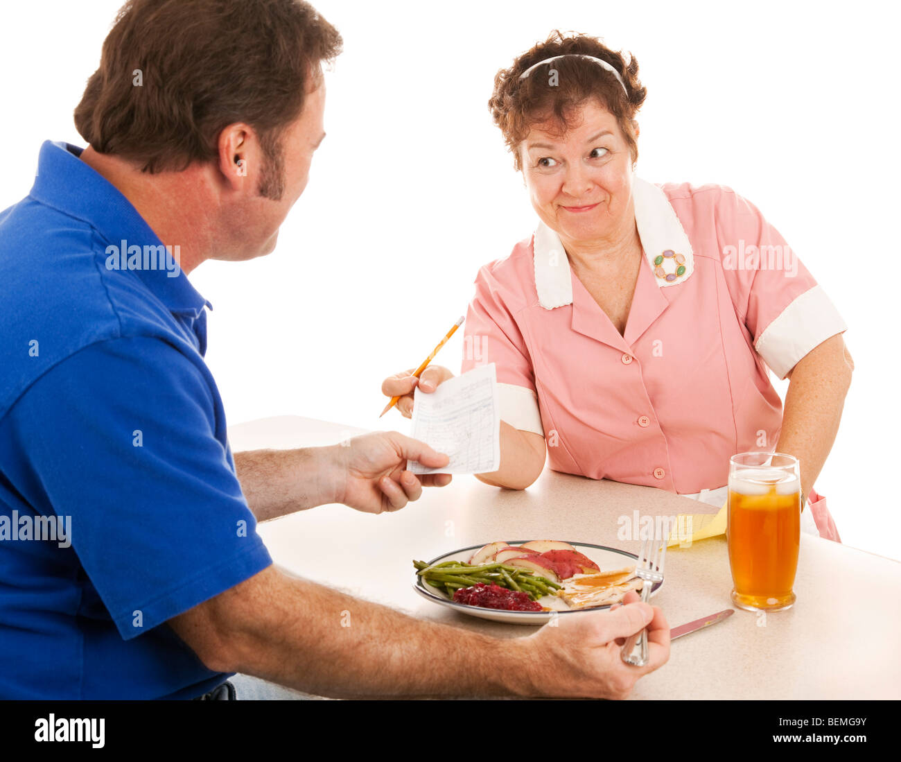 Waitress in a diner hands her customer a bill. White background Stock ...