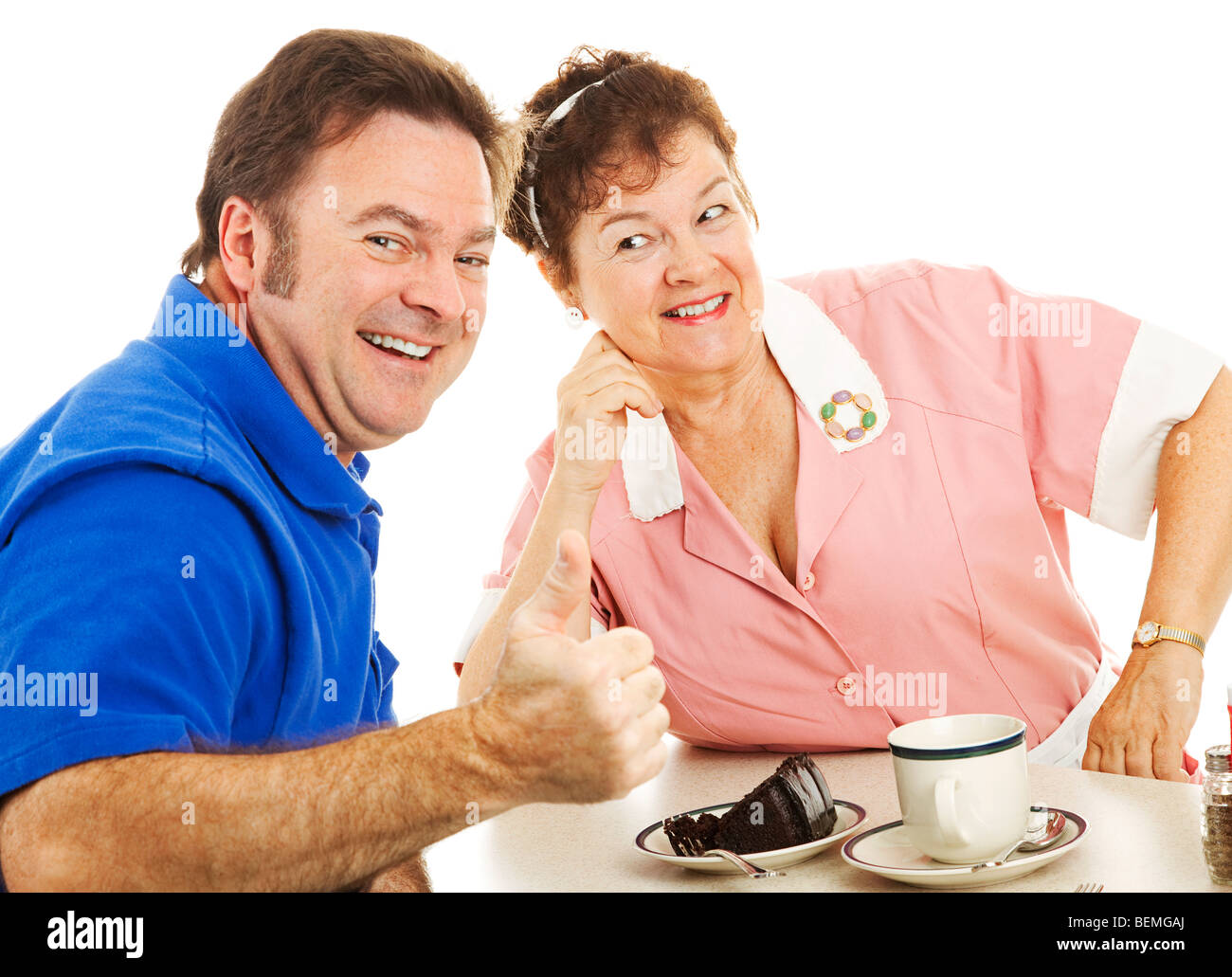 Middle aged guy picking up the waitress at his local diner. White ...