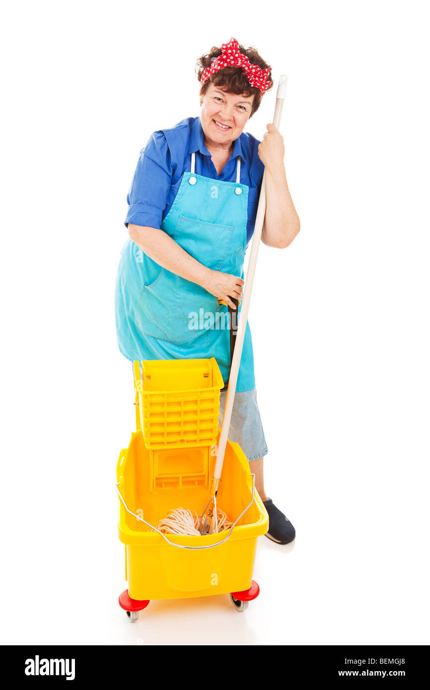 Friendly, smiling cleaning lady with her mop and bucket. Full body ...