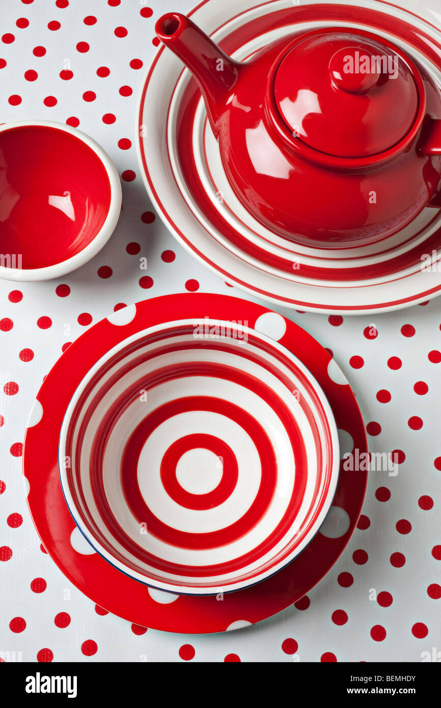 Red white bowl red checkerboard plate circles dots decoration hi-res ...