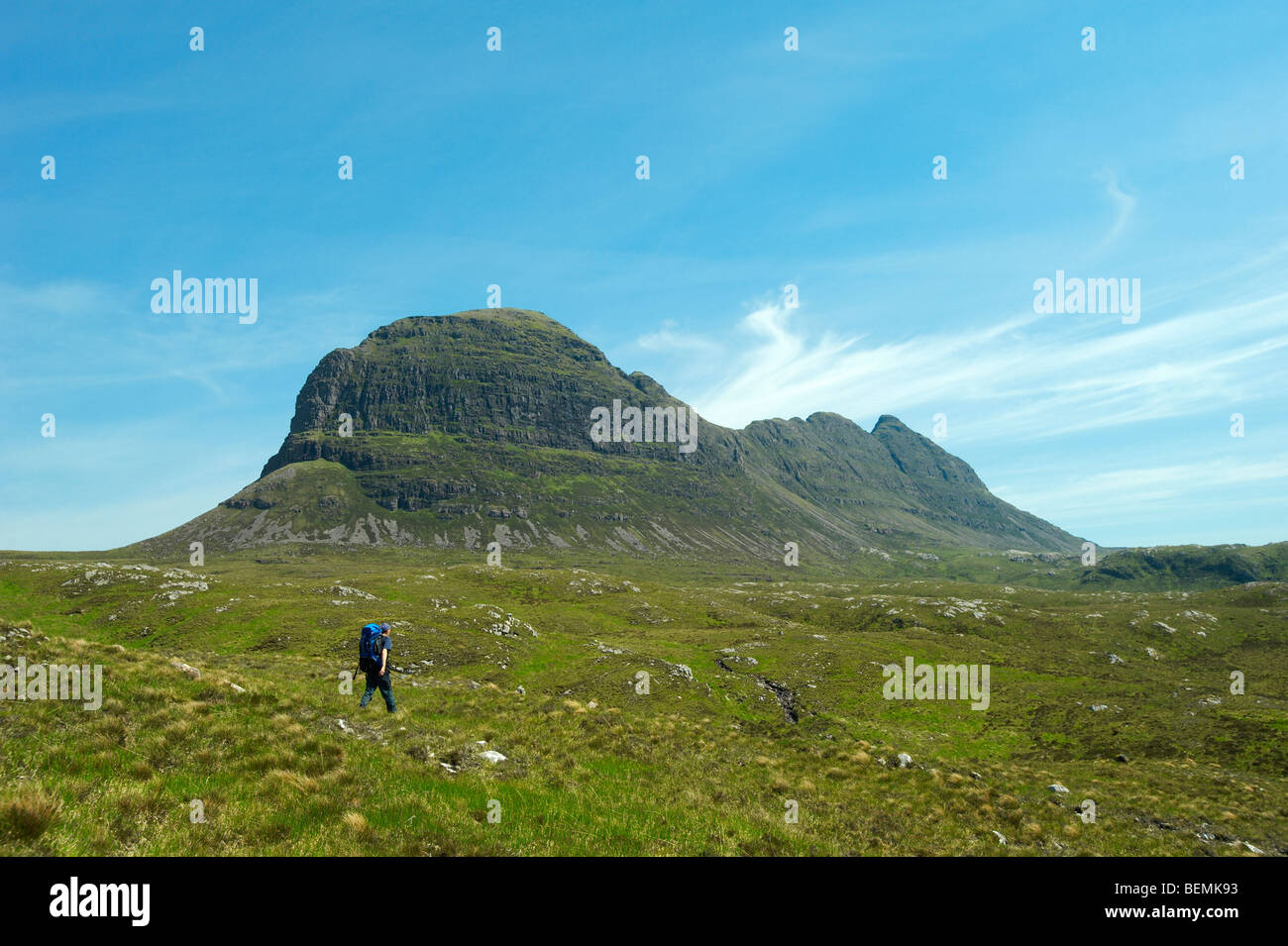 Scotland, Sutherland, near Lochinver, Suilven, climber approaching from ...
