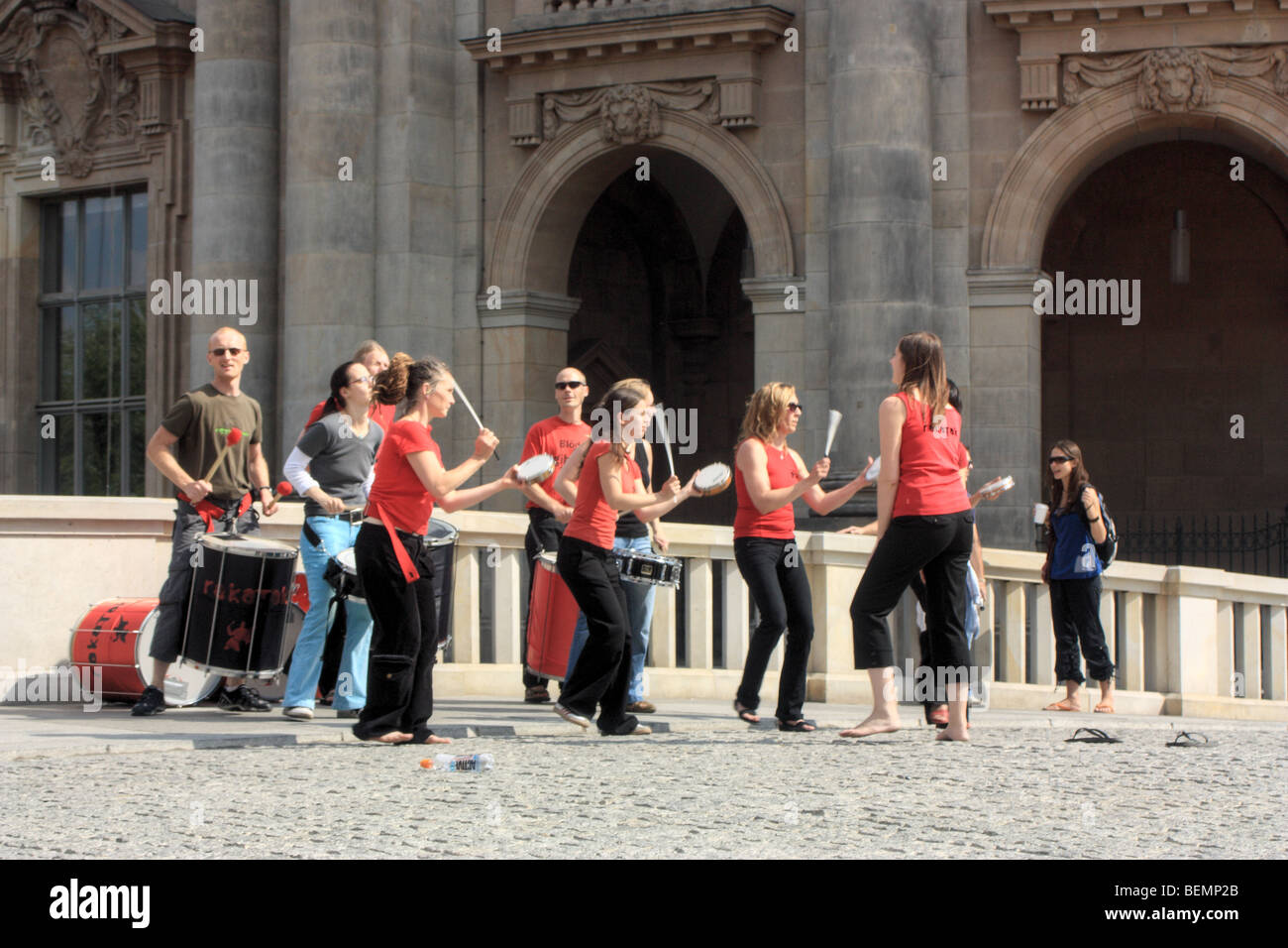 Members of the samba percussion group Rakatak perform in front of the ...