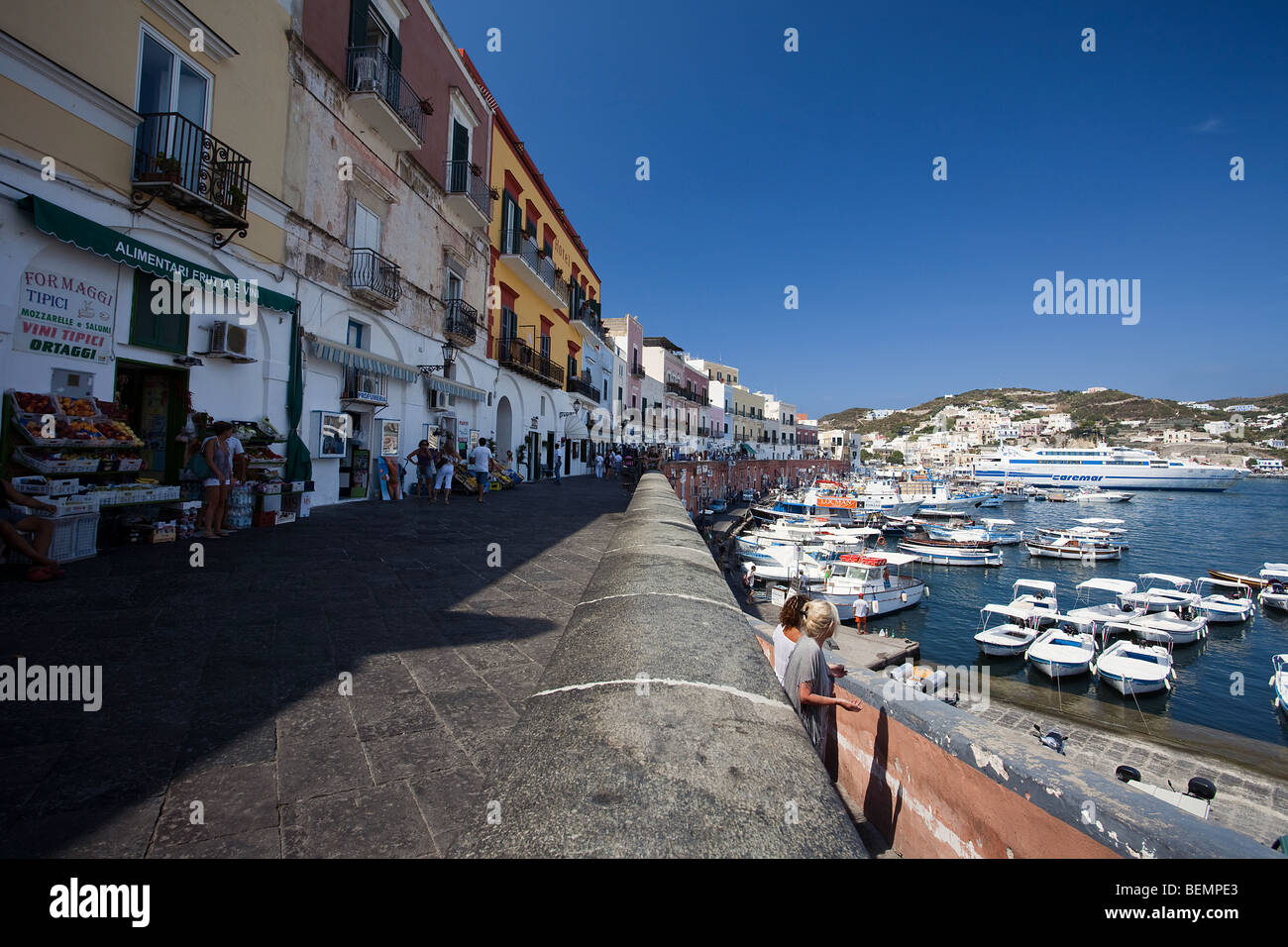 Ponza island, the port and the promenade in the old town. Mediterranean ...