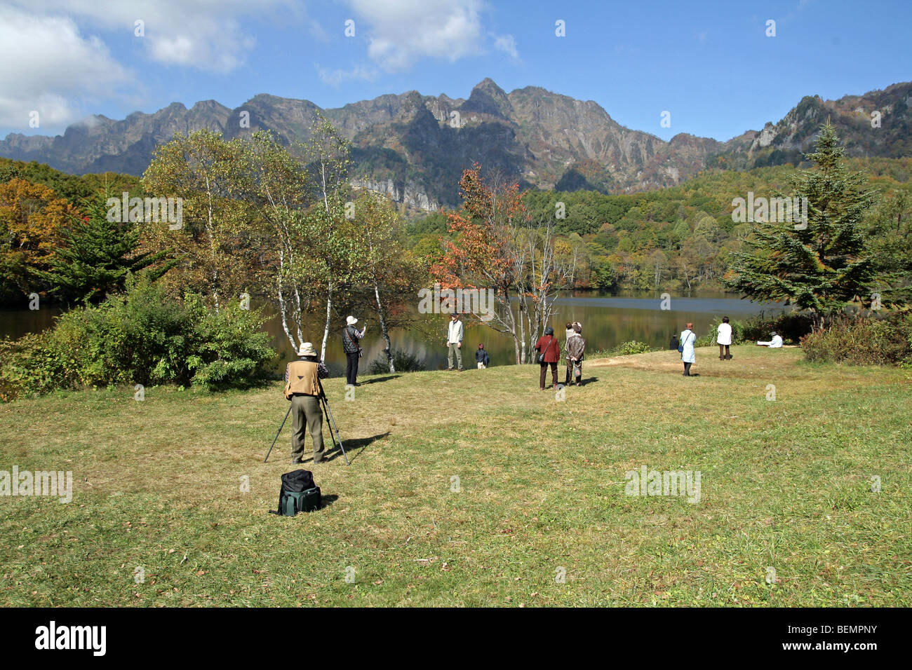 Kagami Ike (Mirror Lake), in Autumn with Togakushi mountain in the ...