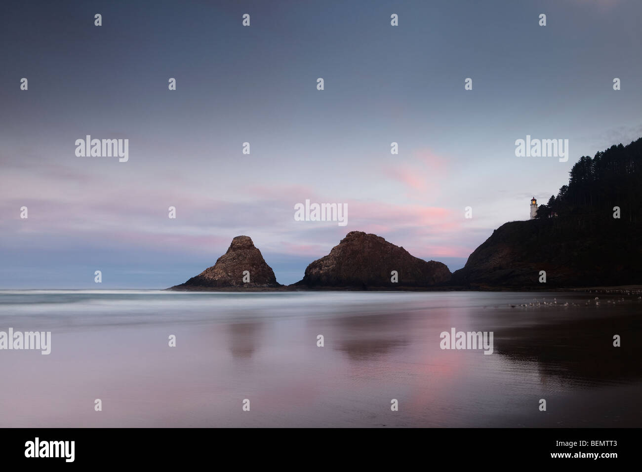 View of Beach, Surf and Rock Formations, Heceta Head Lighthouse, Oregon ...
