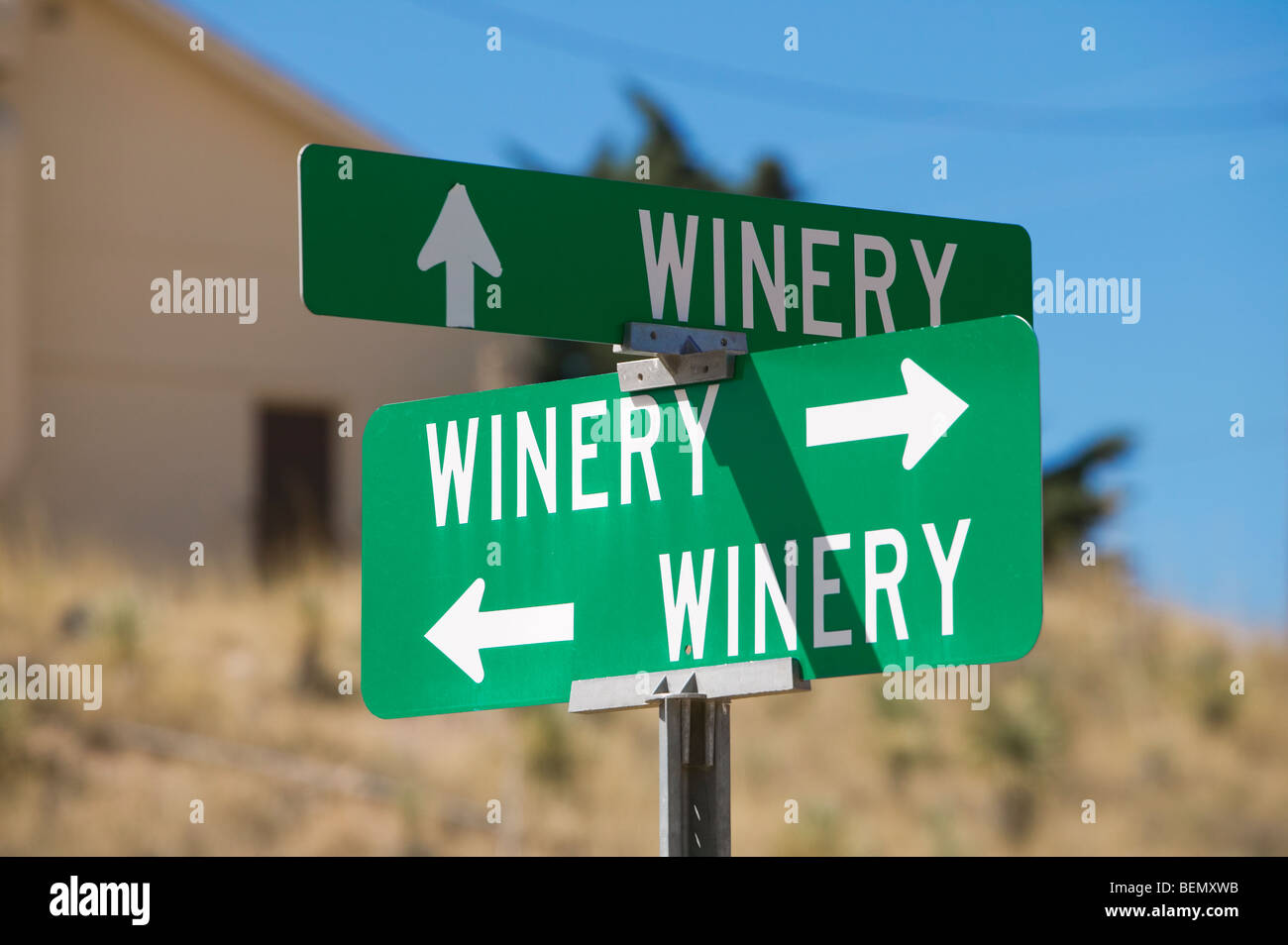 Street signs pointing directions to various wineries and vineyards ...