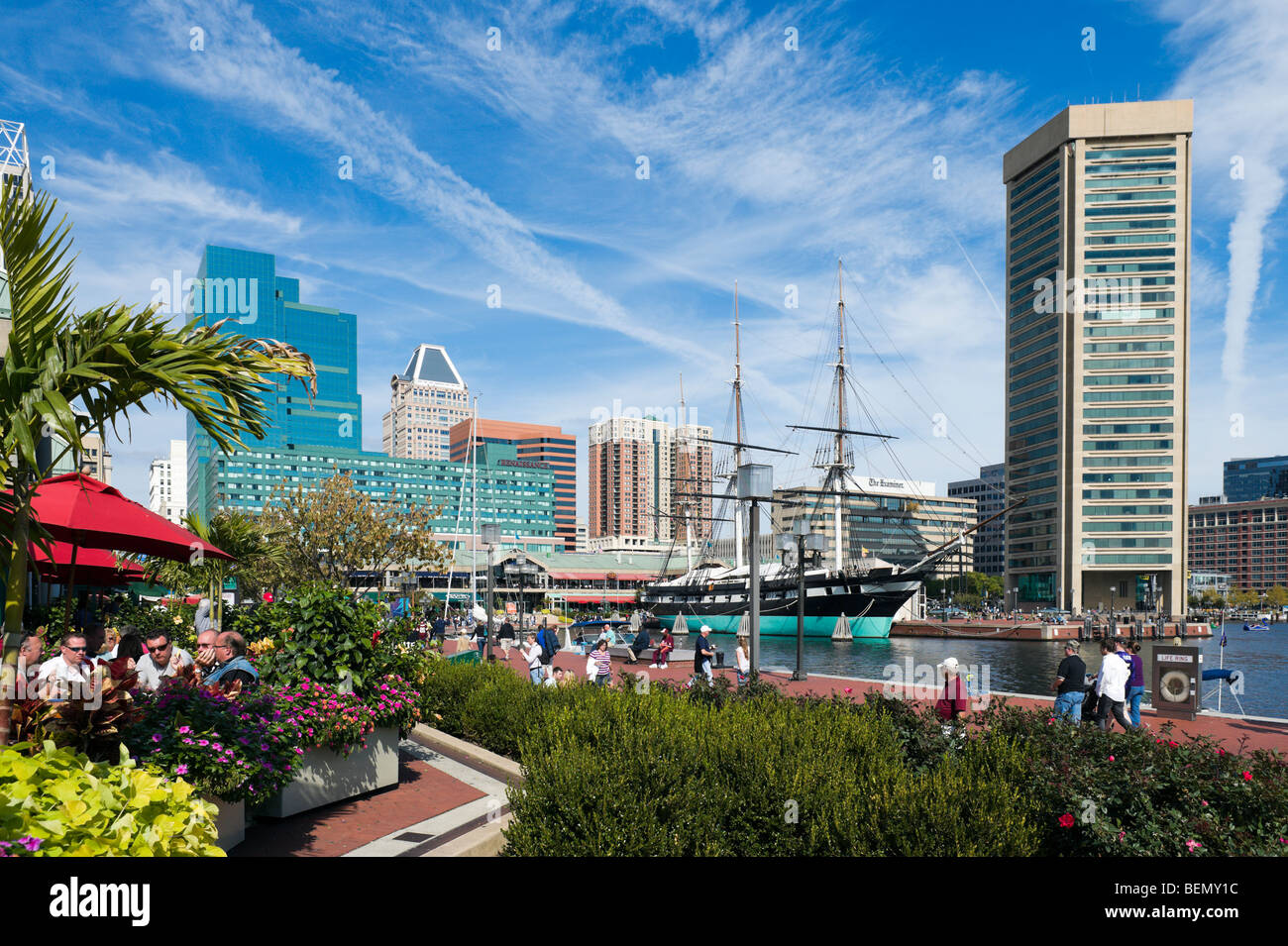 Cafe overlooking Harborplace, the USS Constellation and the Baltimore ...