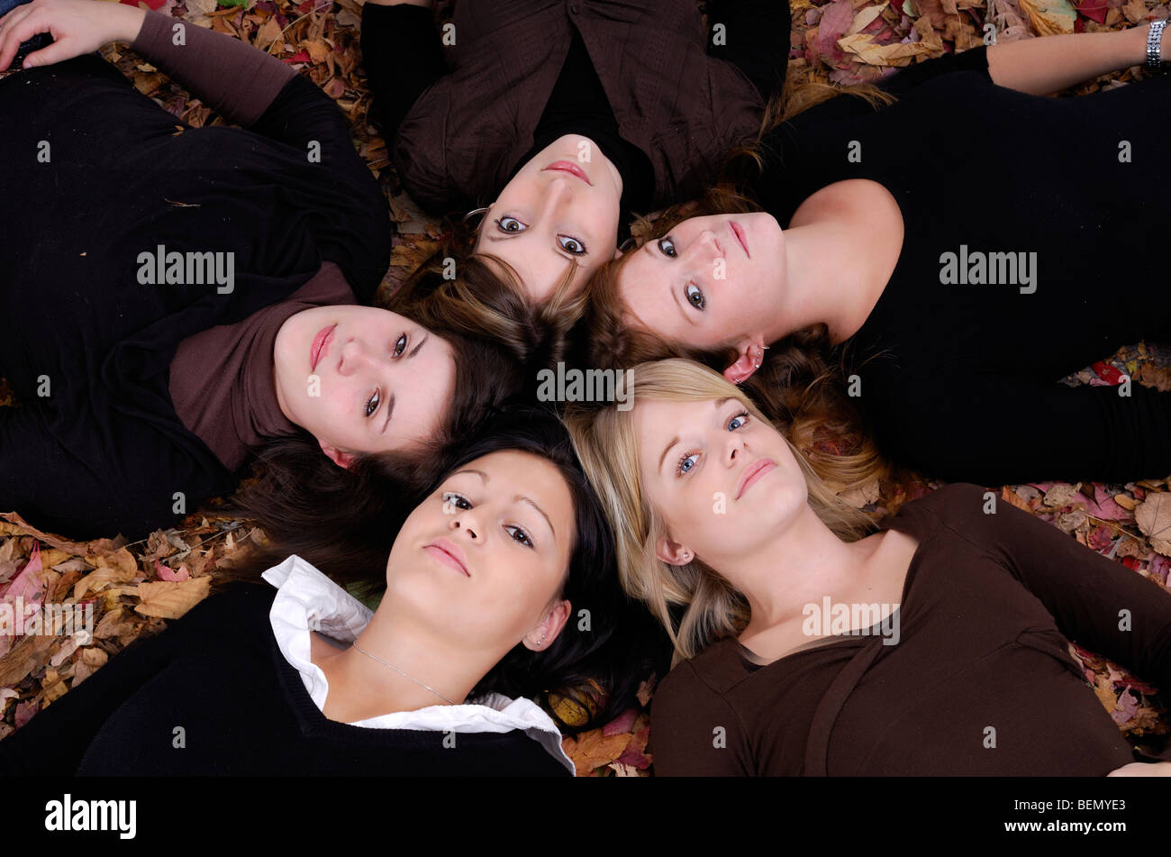 group of five young women lying in autumn leaves Stock Photo - Alamy