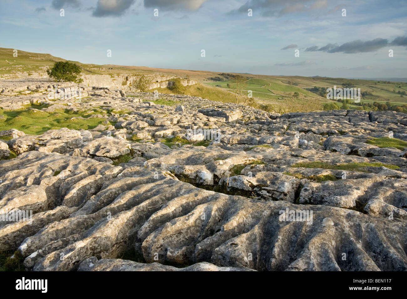 The view from Malham Cove, looking towards the village of Malham in the ...
