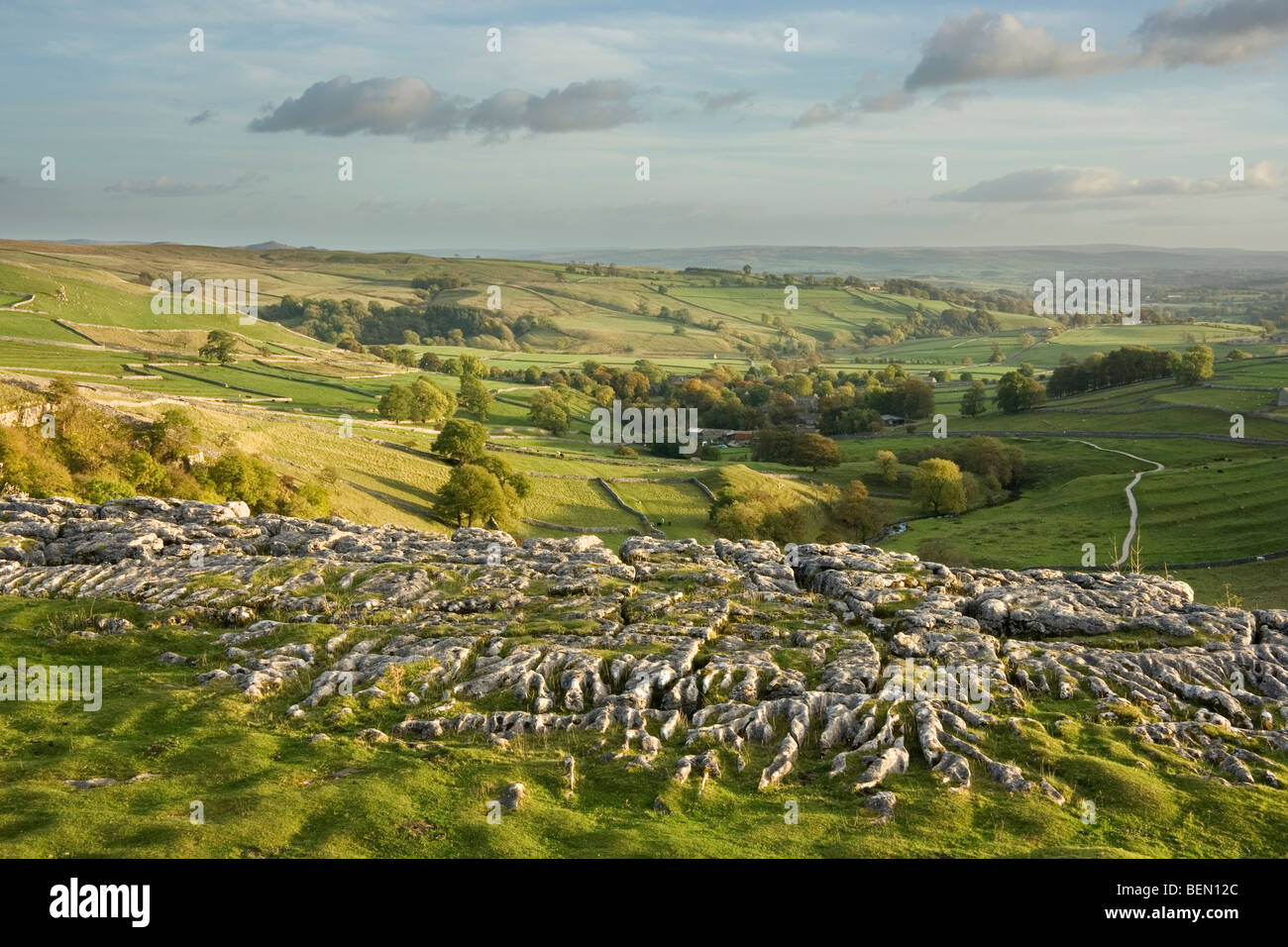 The view from Malham Cove, looking towards the village of Malham in the ...