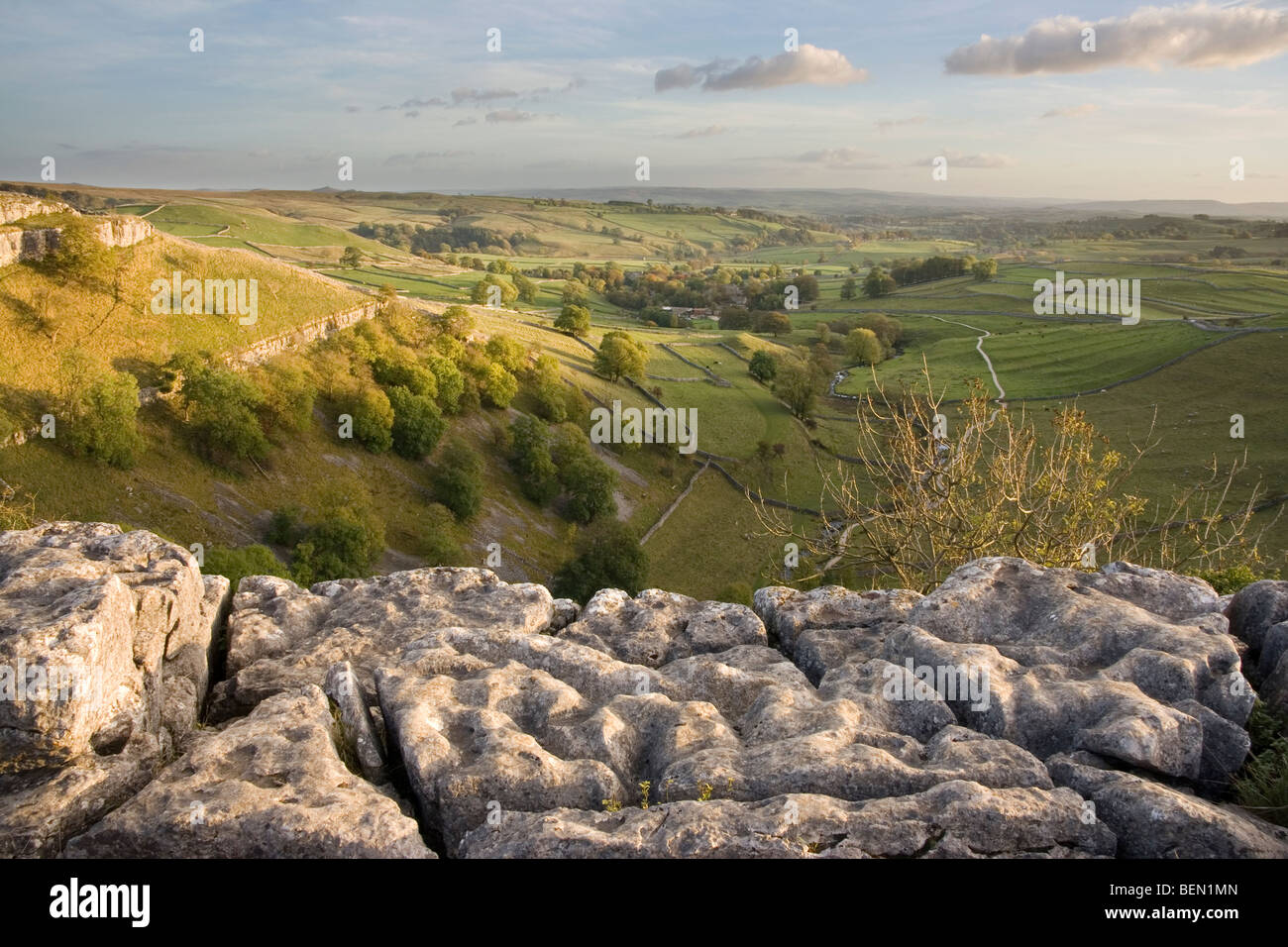 The view from Malham Cove, looking towards the village of Malham in the ...