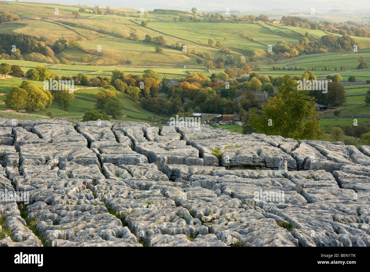 The view from Malham Cove, looking towards the village of Malham in the ...