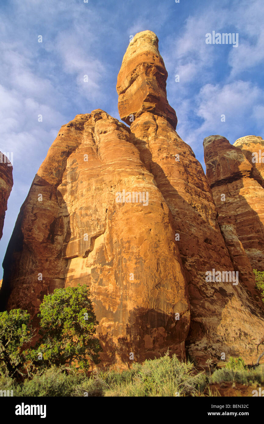 Sandstone pinnacle at Cheslet Park, sunset at Canyonlands National Park ...