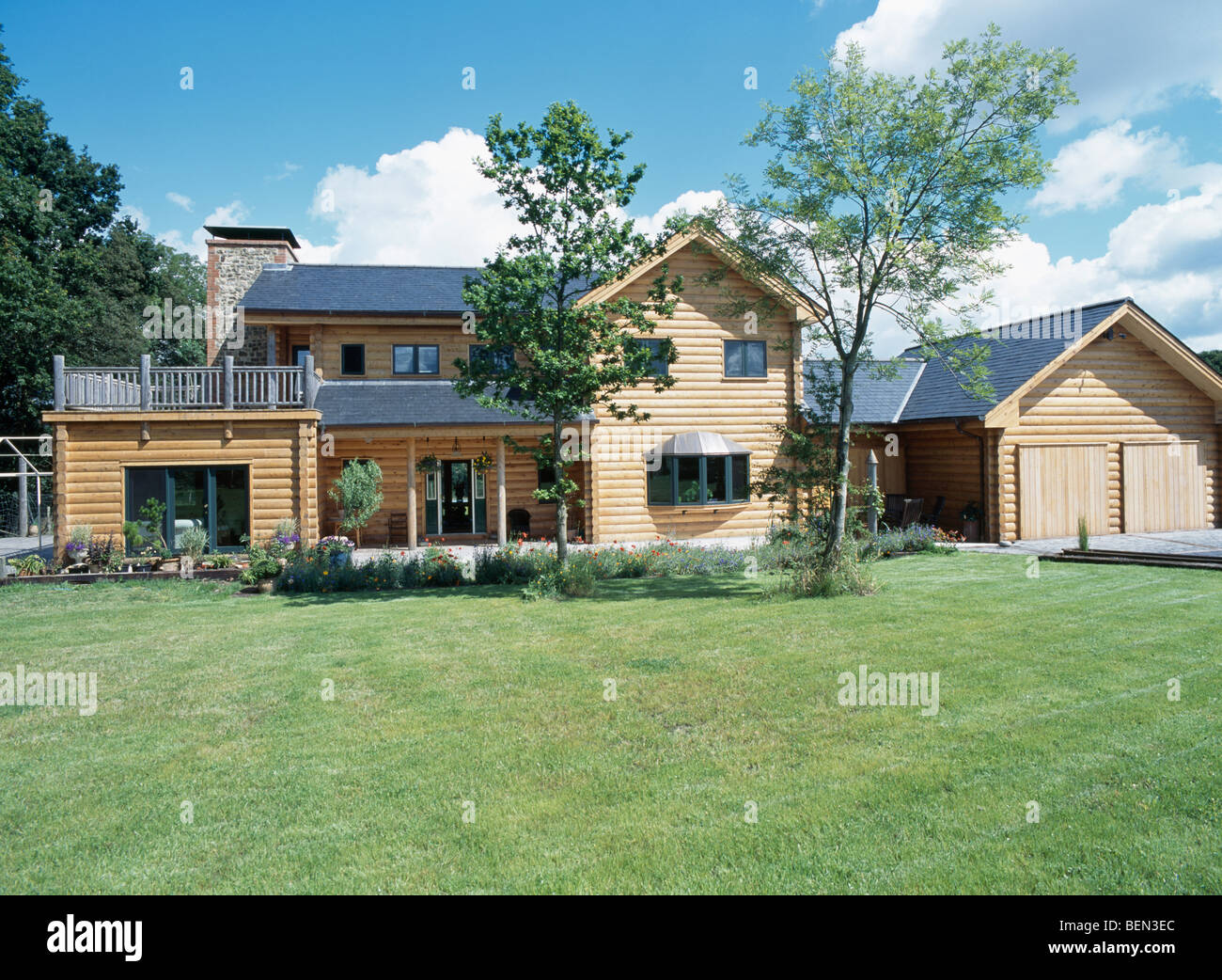 Small trees and large lawn in front of traditional new-build house with ...