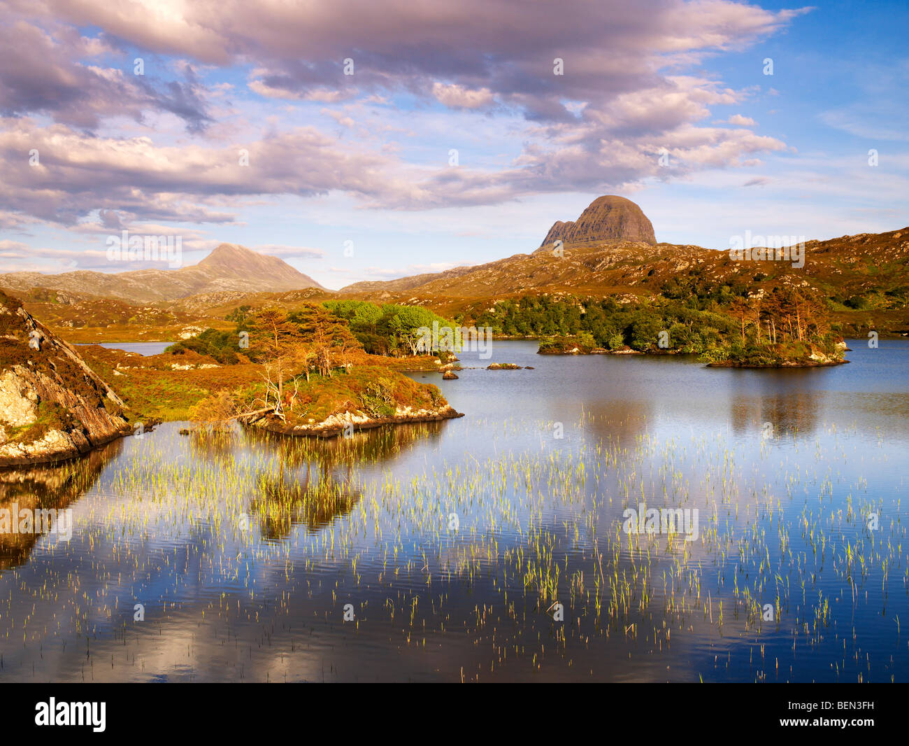 Scotland, Sutherland, Loch Druim Suardalain, Canisp (L) & Suilven (R ...